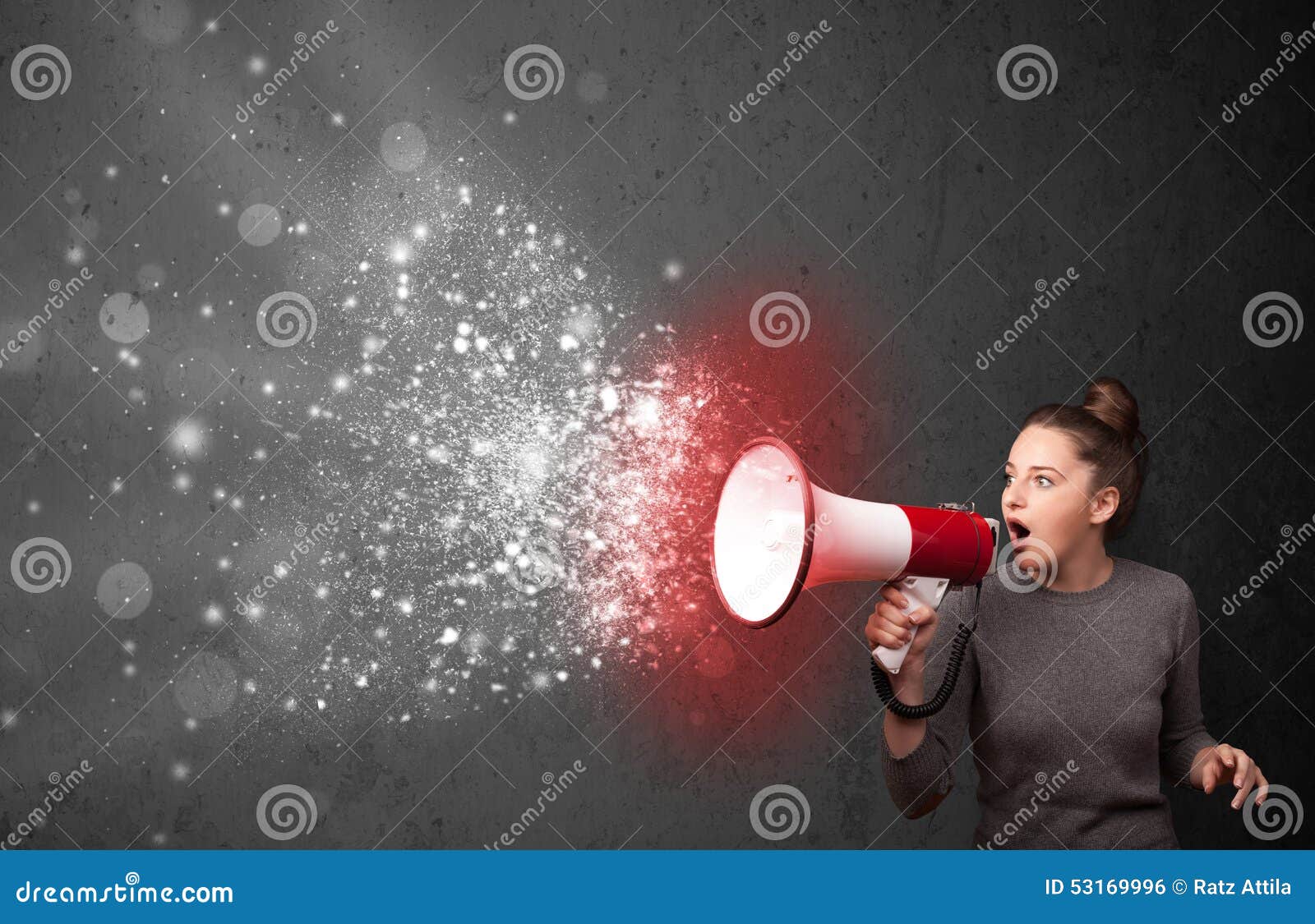 Woman Shouting into Megaphone and Glowing Energy Particles Explo Stock ...