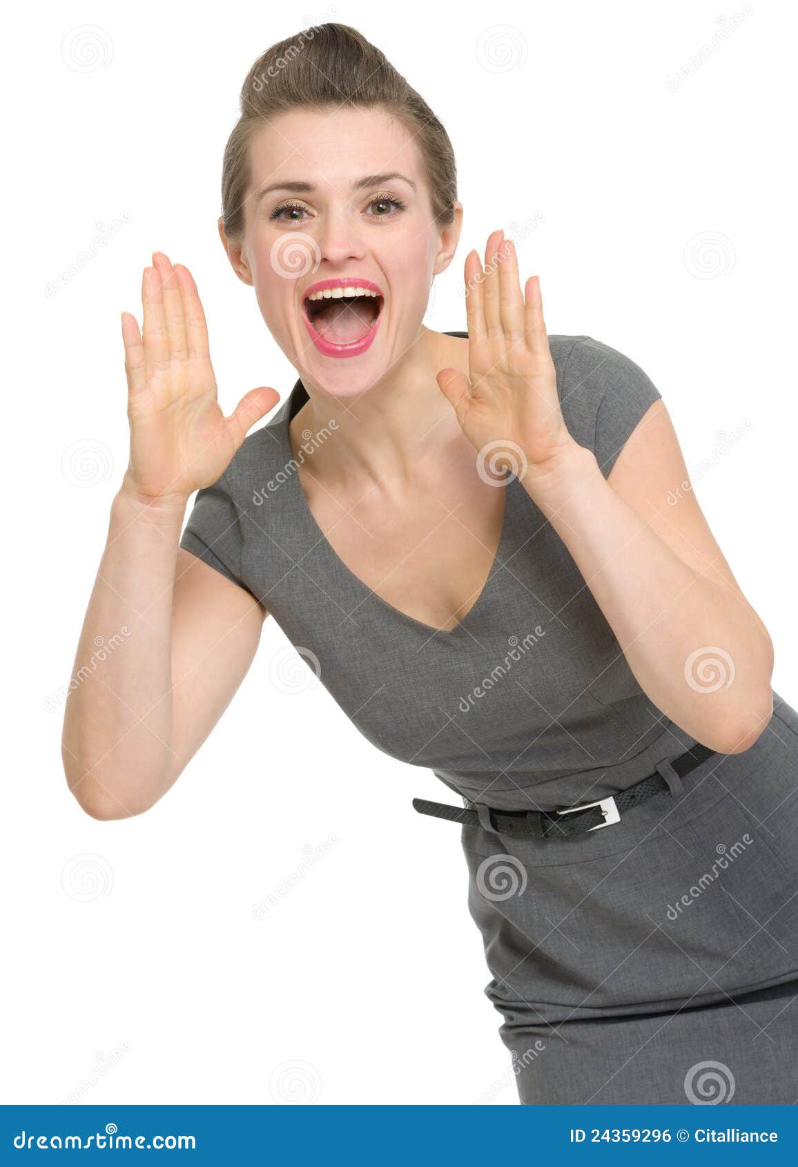 Woman Shouting through Megaphone Shaped Hands Stock Photo - Image of ...