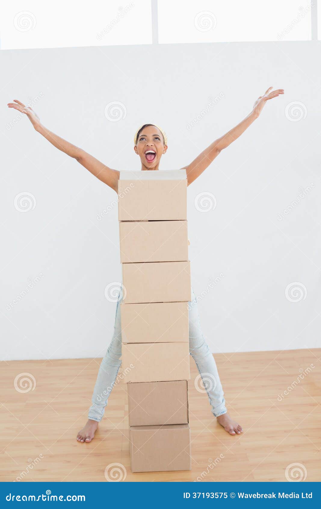 Woman Shouting with Stack of Boxes in a New House Stock Image - Image ...