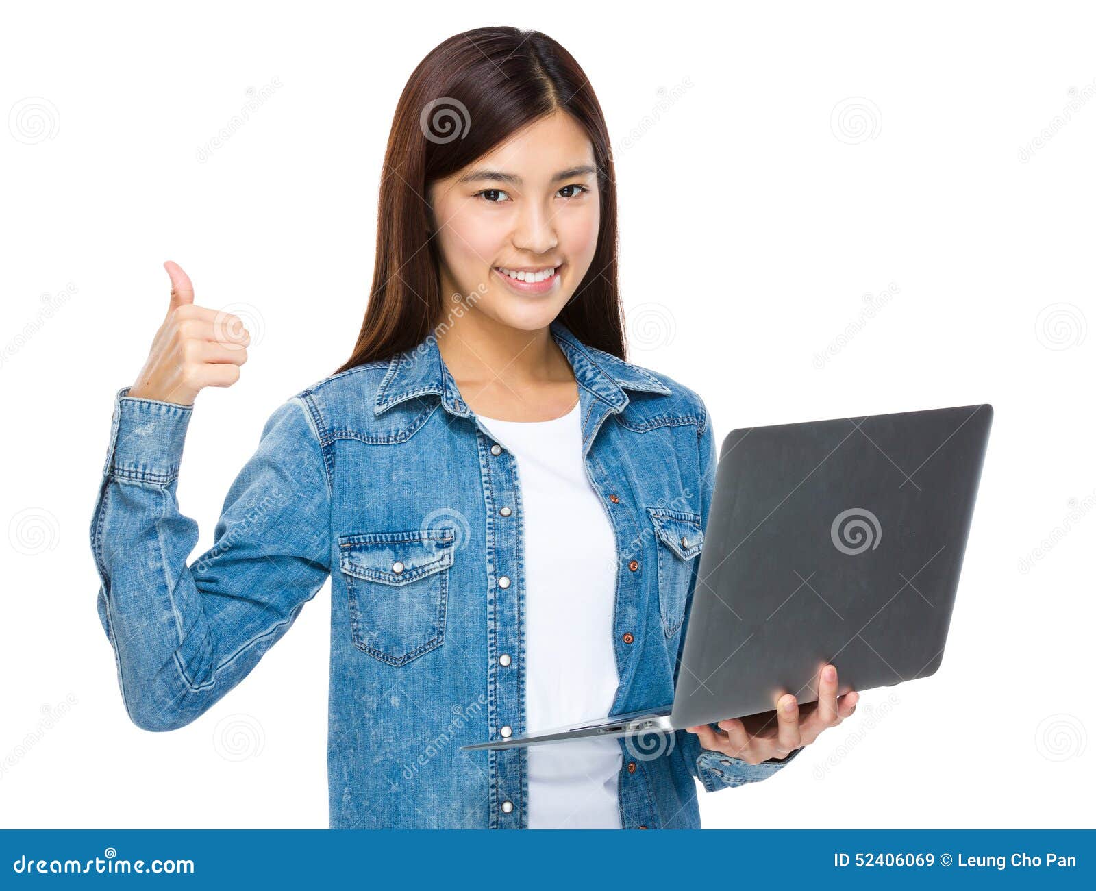 Woman Show with Thumb Up with Using Computer Stock Image - Image of ...