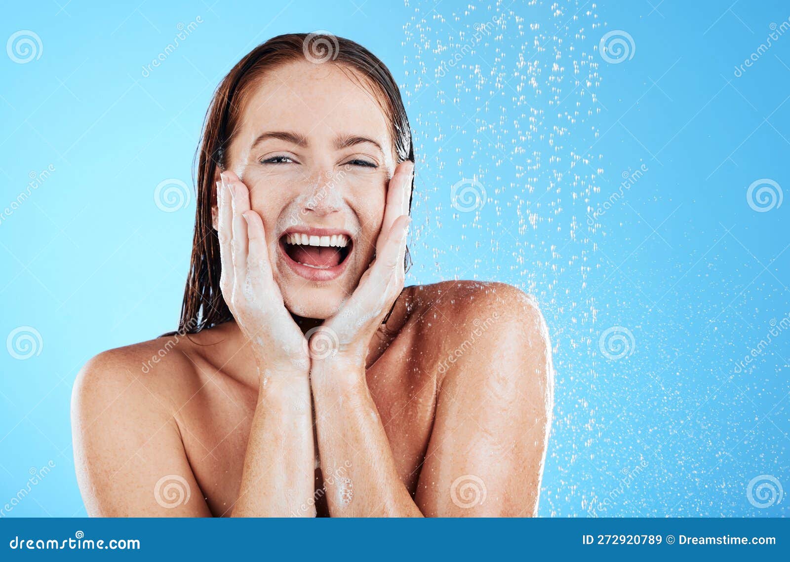 Woman In Shower Happy In Portrait With Hygiene And Water Drops Soap And Clean With Excited