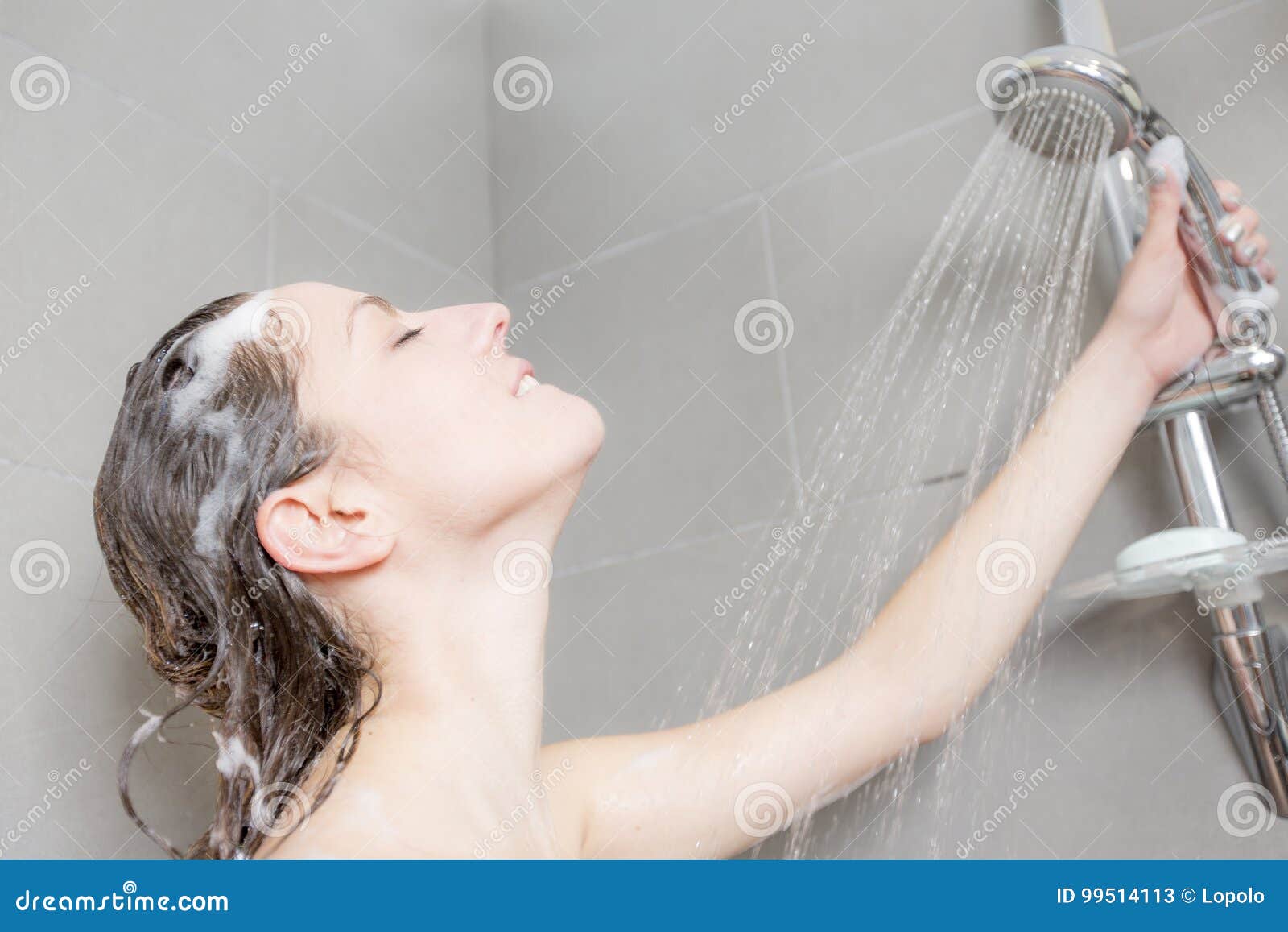 Woman In Shower Washing Hair With Shampoo Stock Image Image Of Female