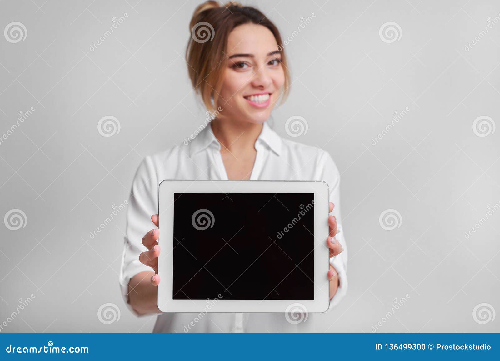Woman Showing Blank Screen of Tablet Computer Stock Photo - Image of ...