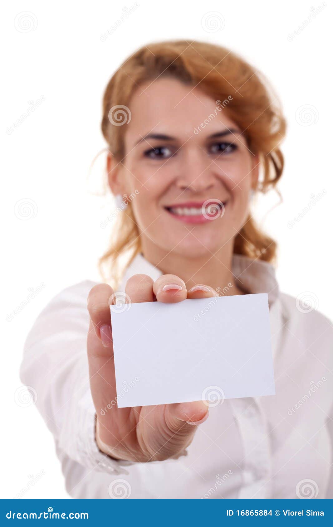 Woman showing a card stock photo. Image of background - 16865884
