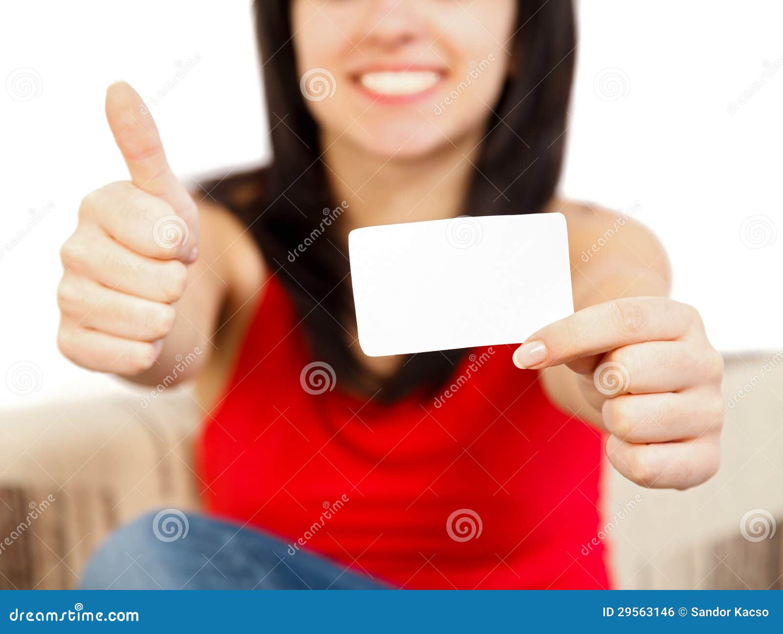 Woman showing a card stock photo. Image of commercials - 29563146