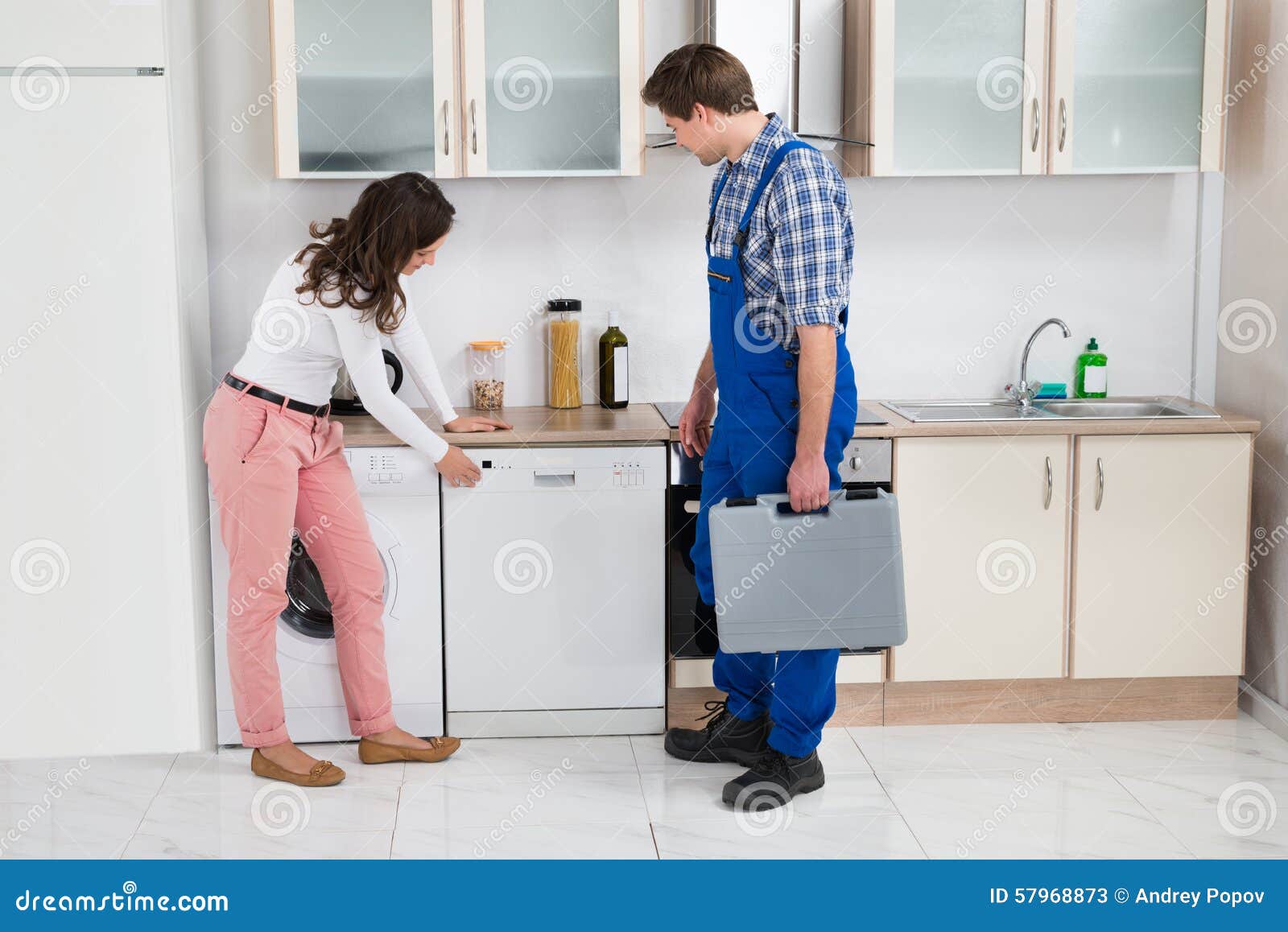 Woman Showing Dishwasher To Worker Stock Image - Image of cabinet ...