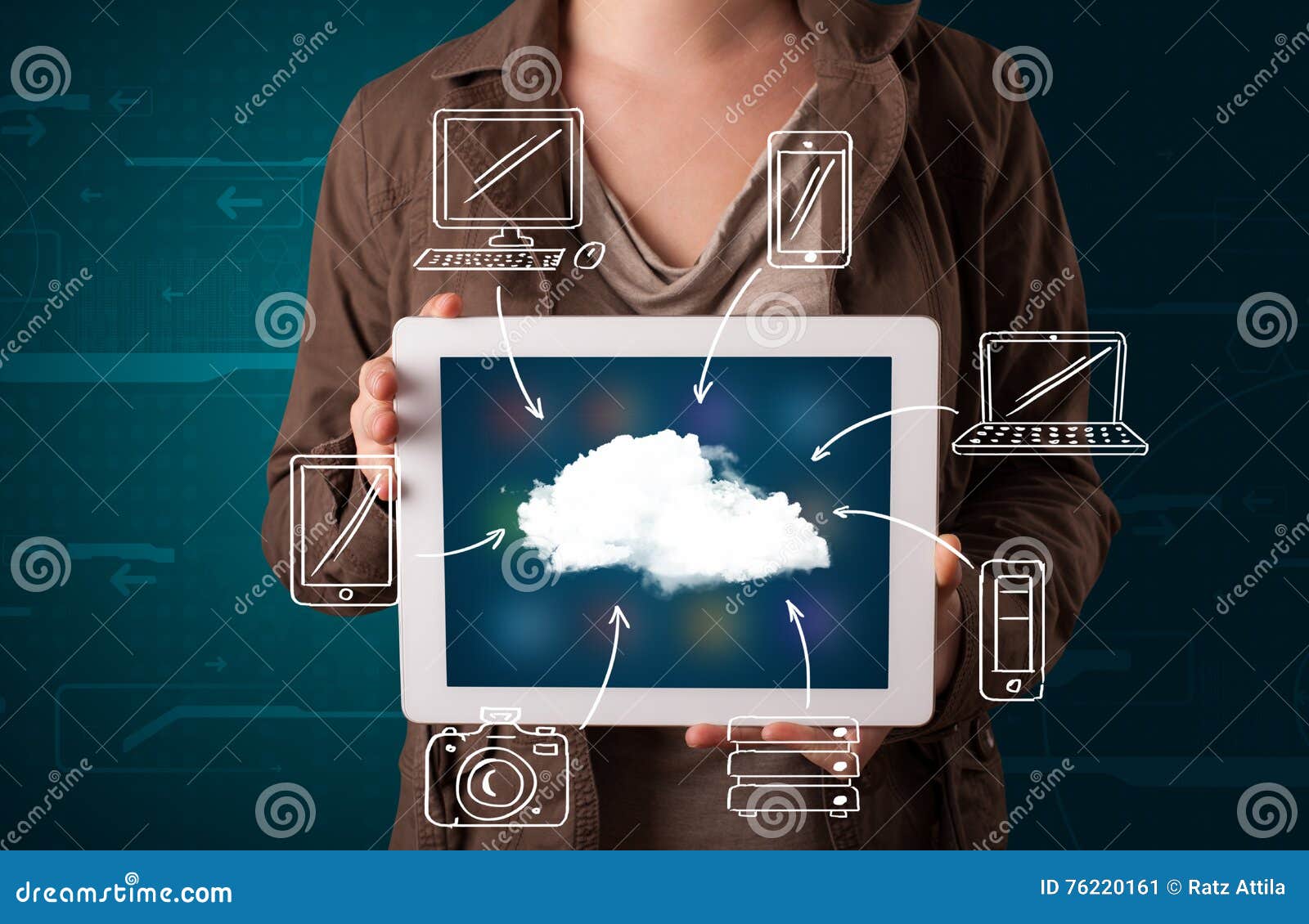 Woman Showing Hand Drawn Cloud Computing Stock Image - Image of device ...