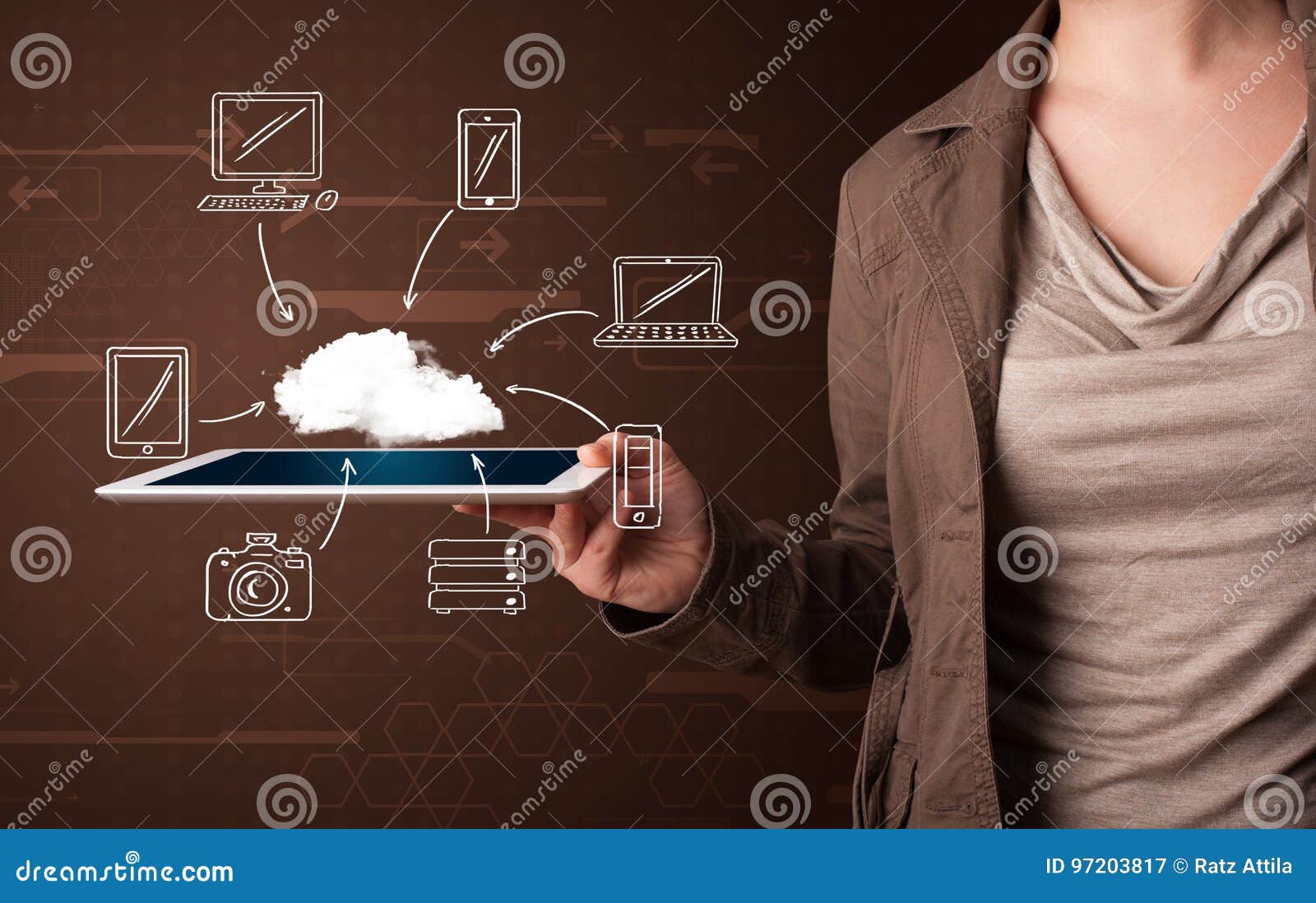 Woman Showing Hand Drawn Cloud Computing Stock Image - Image of devices ...