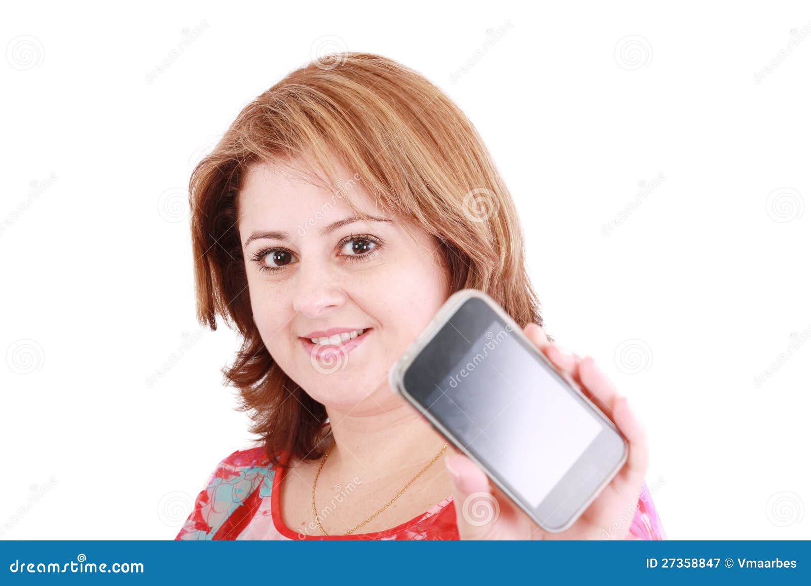 Woman showing mobile phone stock image. Image of blond - 27358847