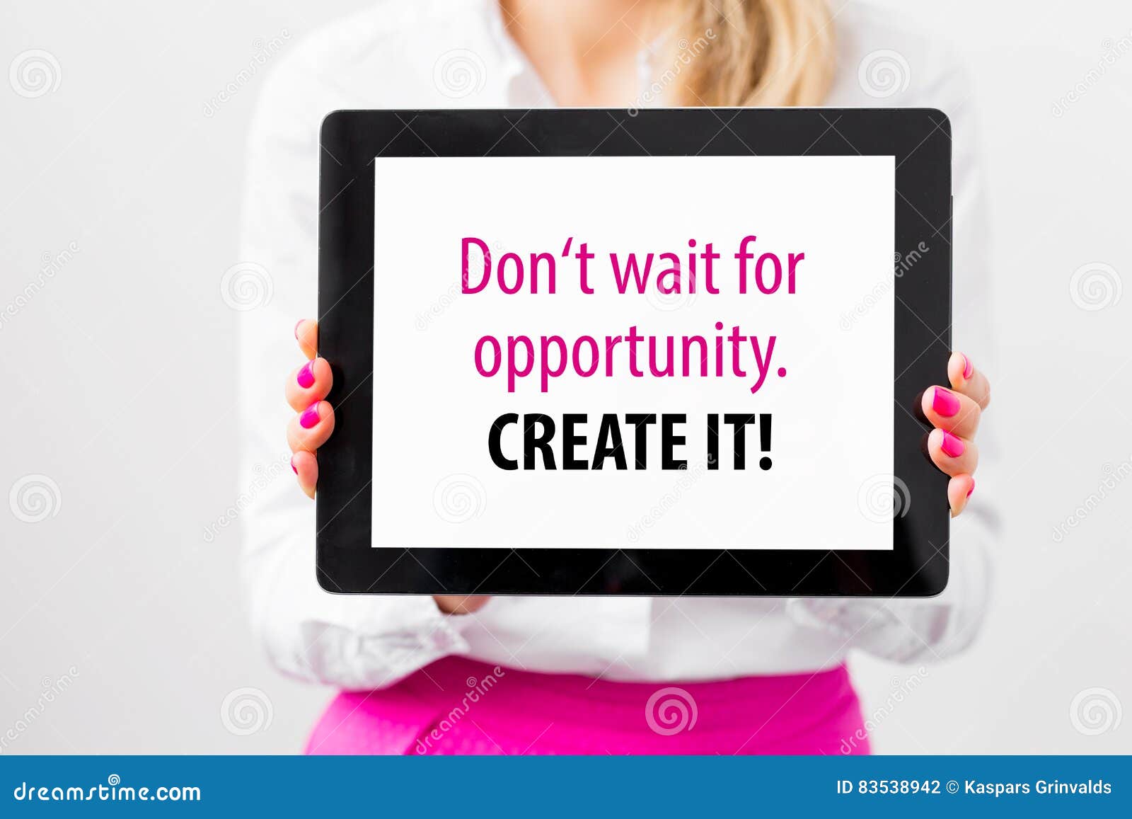 Woman Showing Motivational Quote on Tablet Stock Photo - Image of ...