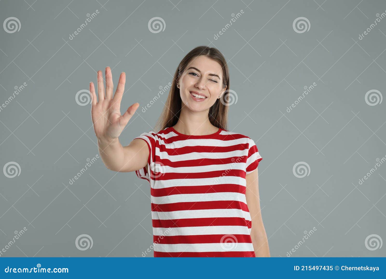 Woman Showing Number Five with Her Hand on Grey Background Stock Image ...