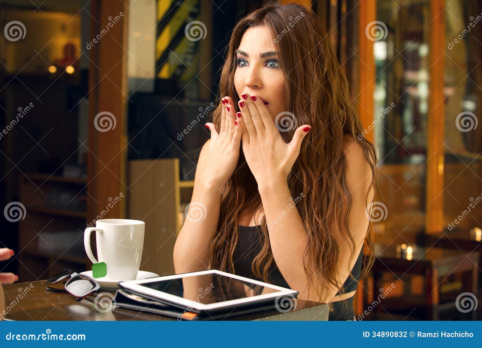 Woman Showing a Shocking Reaction in a Cafe Stock Photo - Image of cafe ...