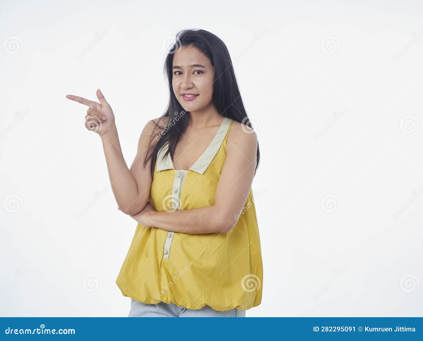 Woman Showing Something on White Background Stock Image - Image of ...