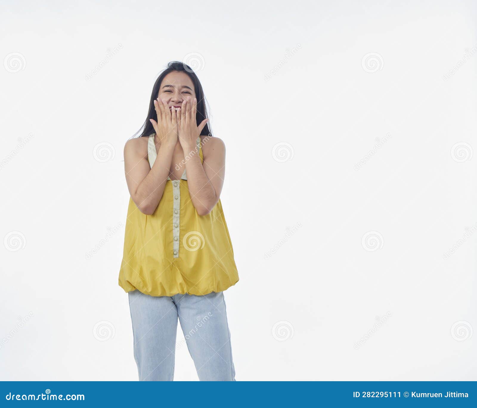 Woman Showing Something on White Background Stock Image - Image of copy ...