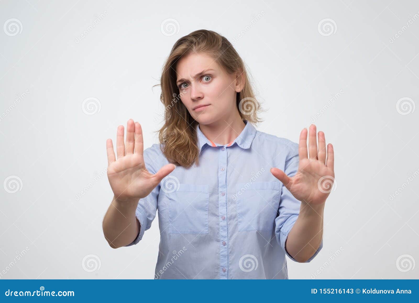 Woman Showing Stop Or Enough Gesture With Hand Frowning Stock Image Image Of Refusal