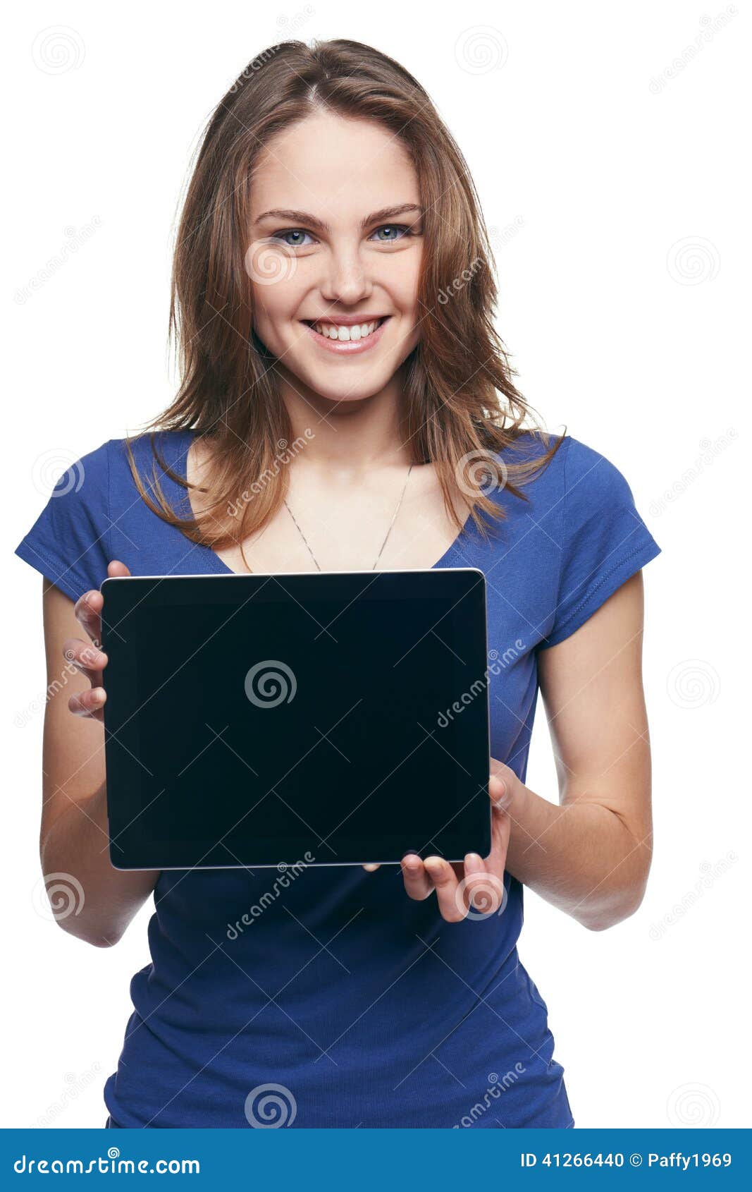 Woman Showing Tablet Screen Smiling Stock Photo - Image of showing ...