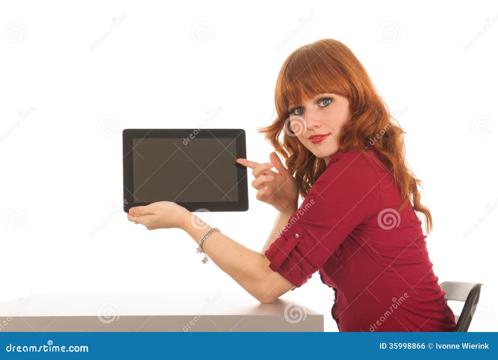 Woman showing tablet stock photo. Image of copyspace - 35998866