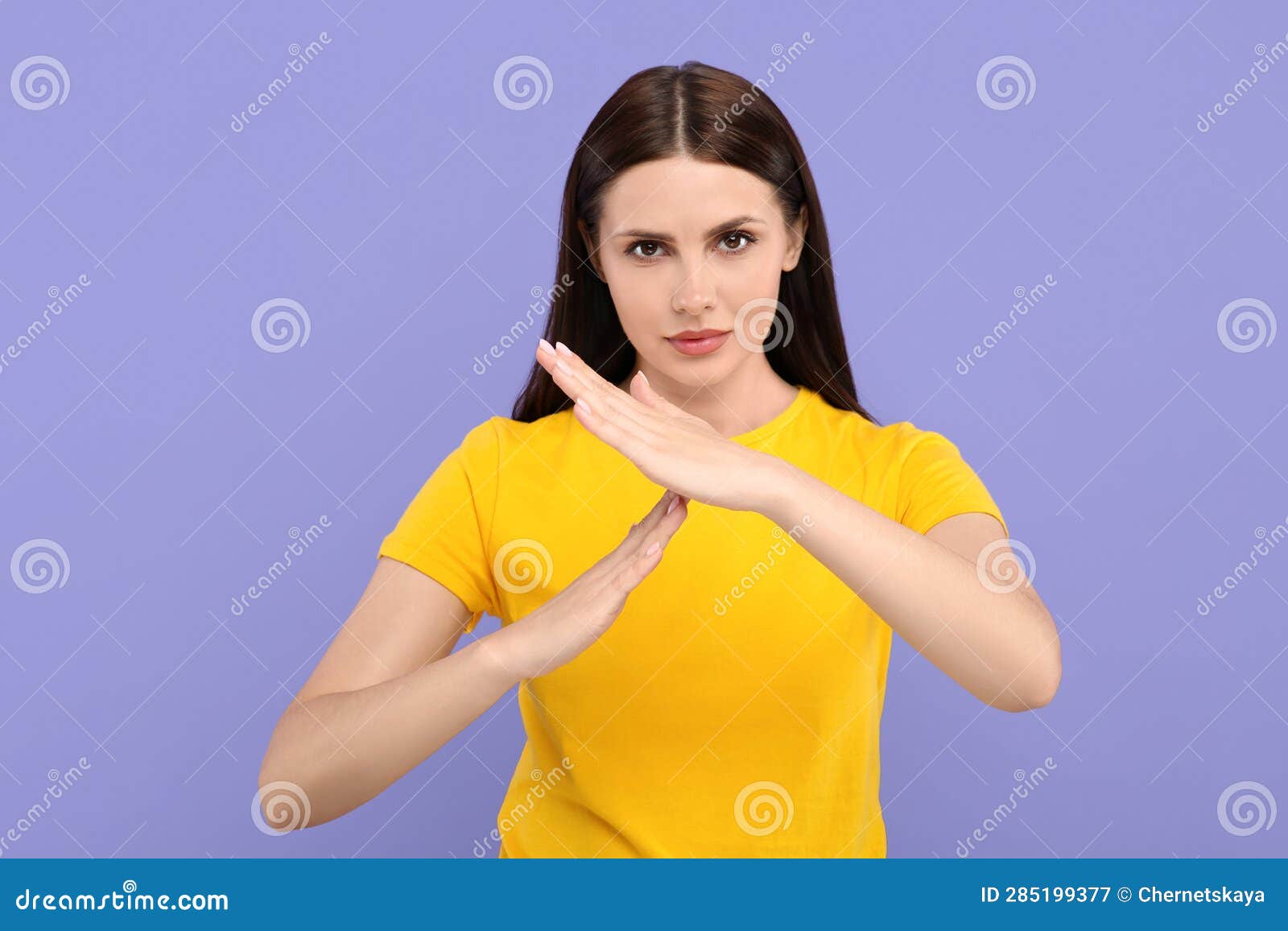 Woman Showing Time Out Gesture on Violet Background Stock Image - Image ...