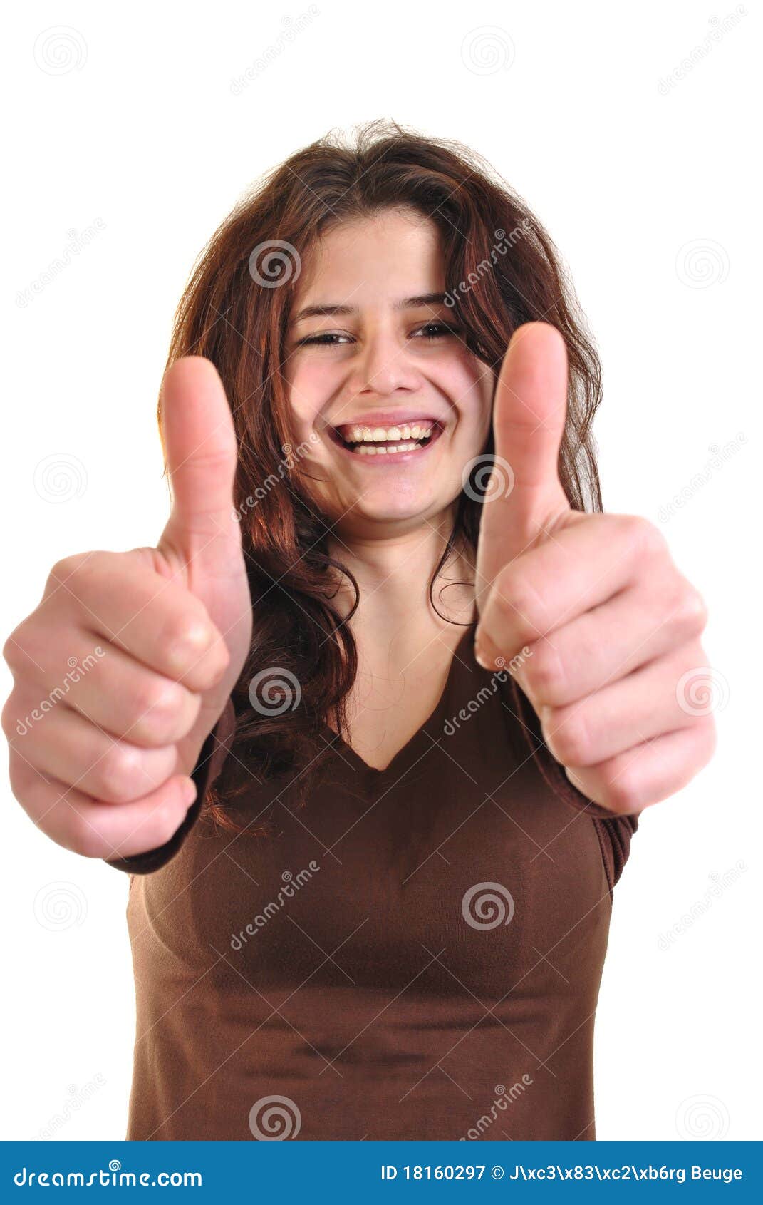 Woman Shows Her Thumbs, Focus Face Stock Image - Image of hair, face ...
