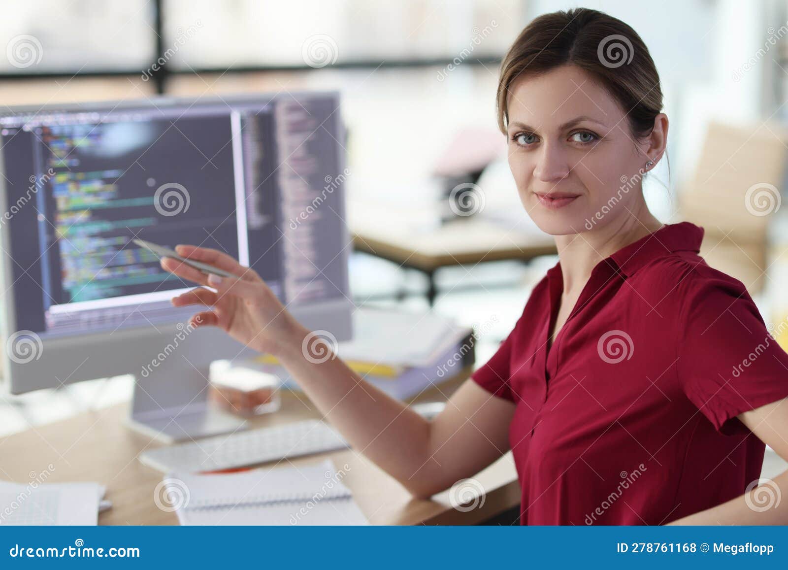 Woman Shows with Pen on Complex Code Developing Software Stock Photo ...