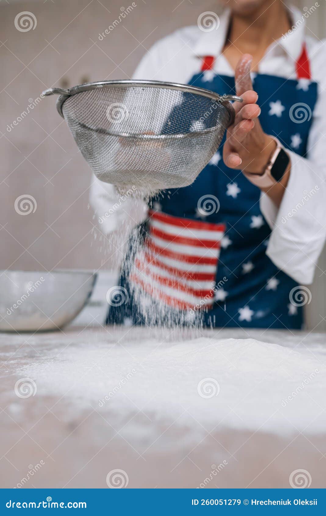 Woman Sifting Flour through Sieve. Selective Focus. Stock Image - Image ...