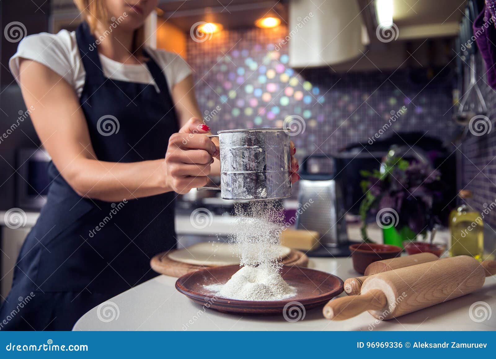 Woman Sifting Flour through Sieve. Selective Focus Stock Photo - Image ...