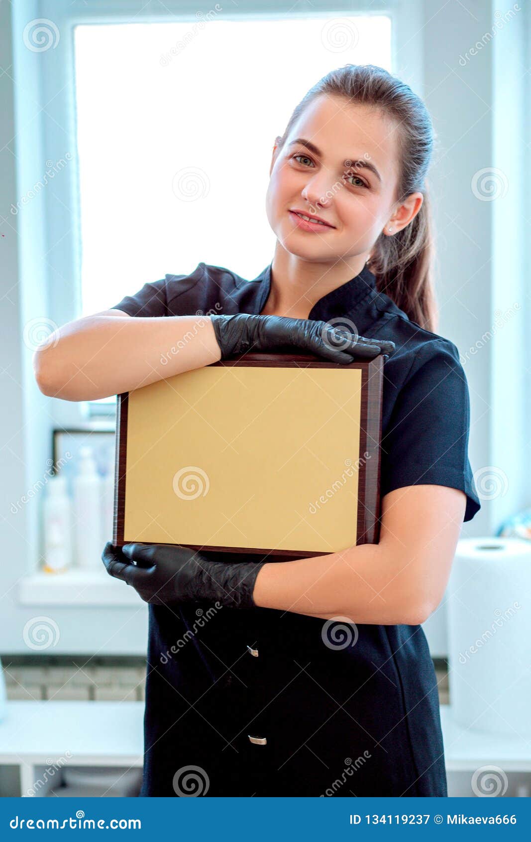 Woman with a sign stock image. Image of advertising - 134119237