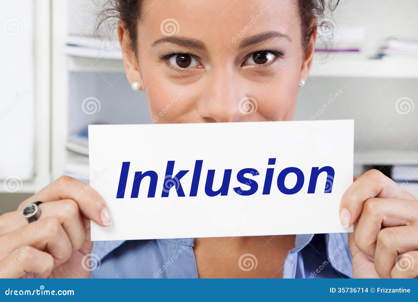 Woman with Sign Inclusion in Blue Stock Photo - Image of education ...