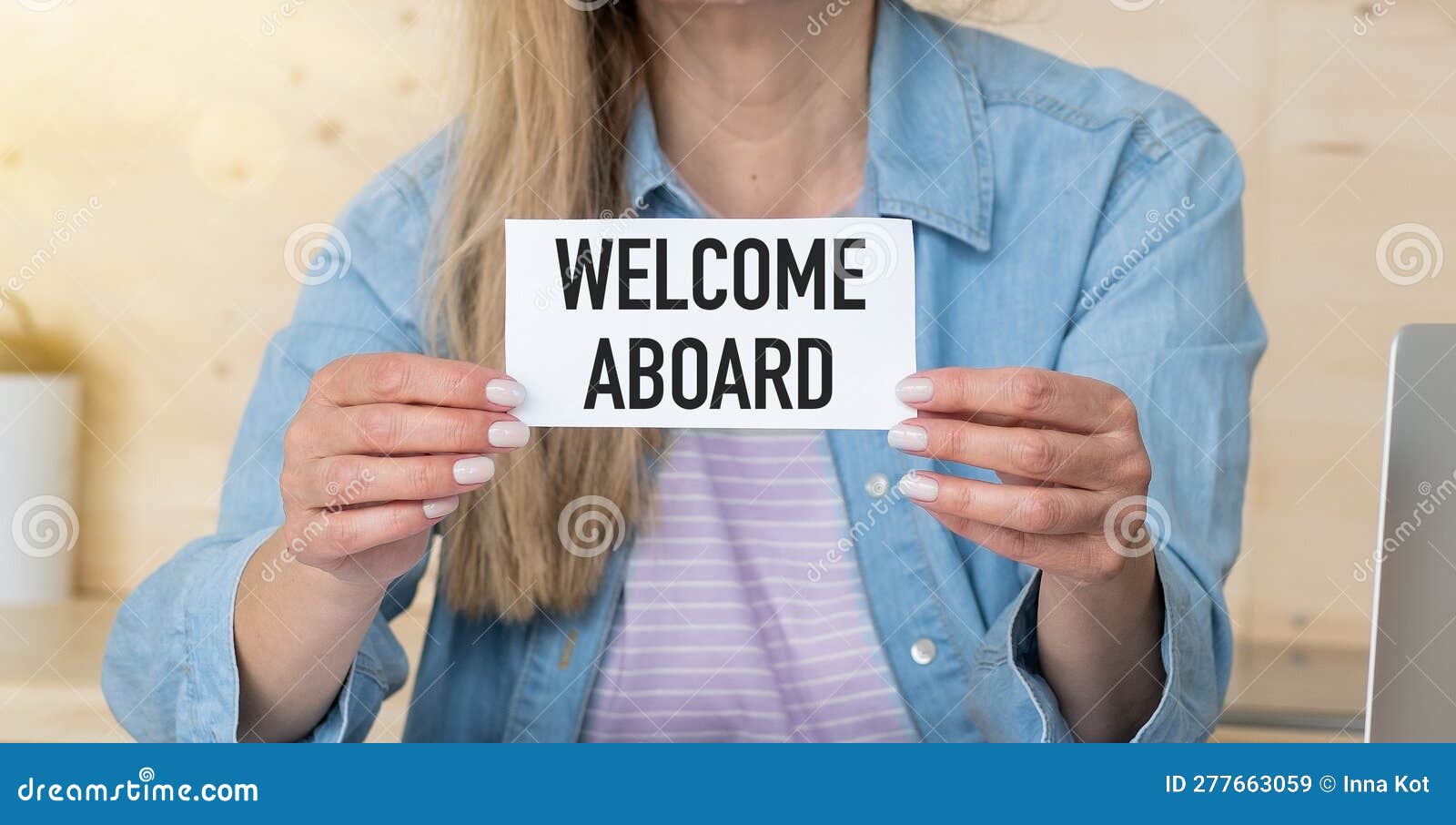 Woman with a Signboard with the Text Welcome Aboard. Stock Image ...