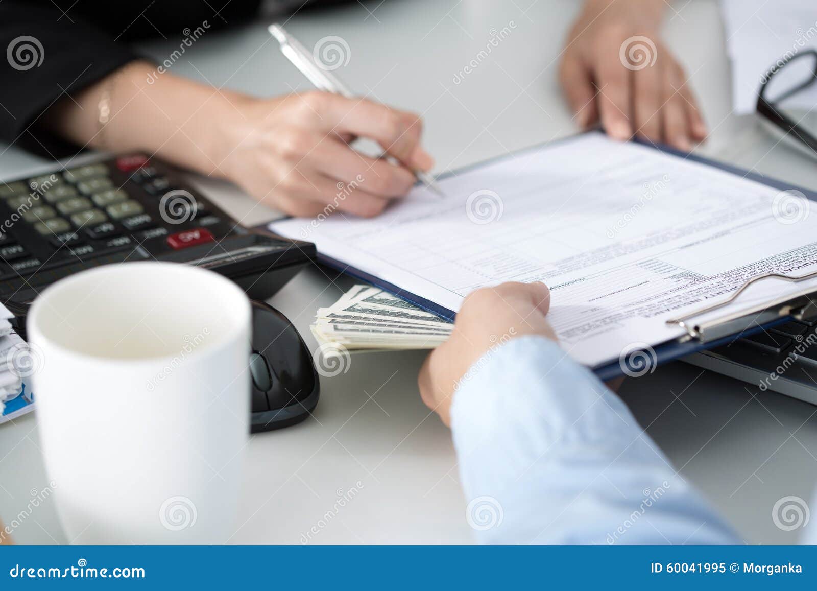 Woman Signing Documents for a Batch of Hundred Dollar Bills Stock Image ...