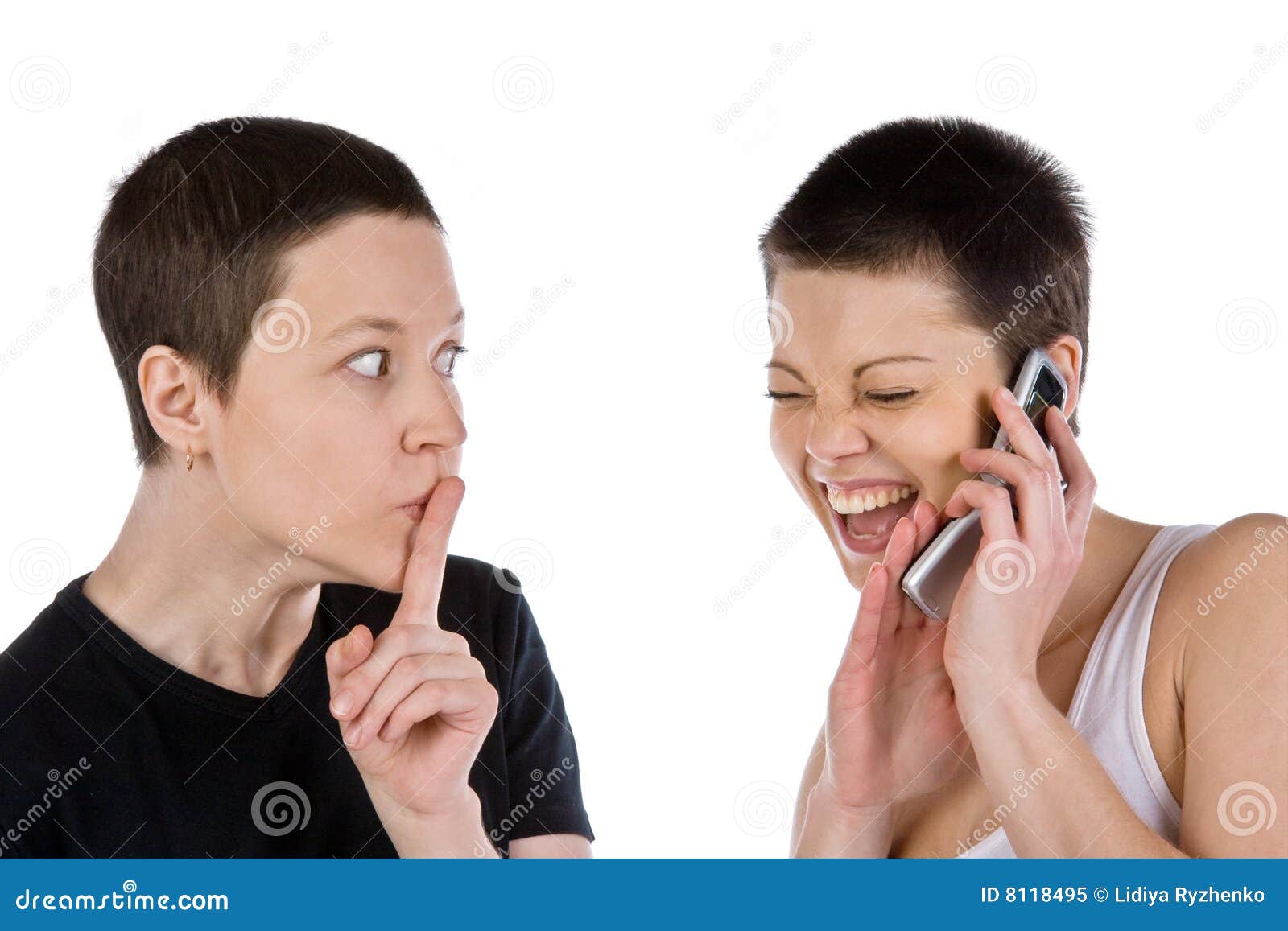 The Woman Silent and Laughing Friend with Phon Stock Image - Image of ...