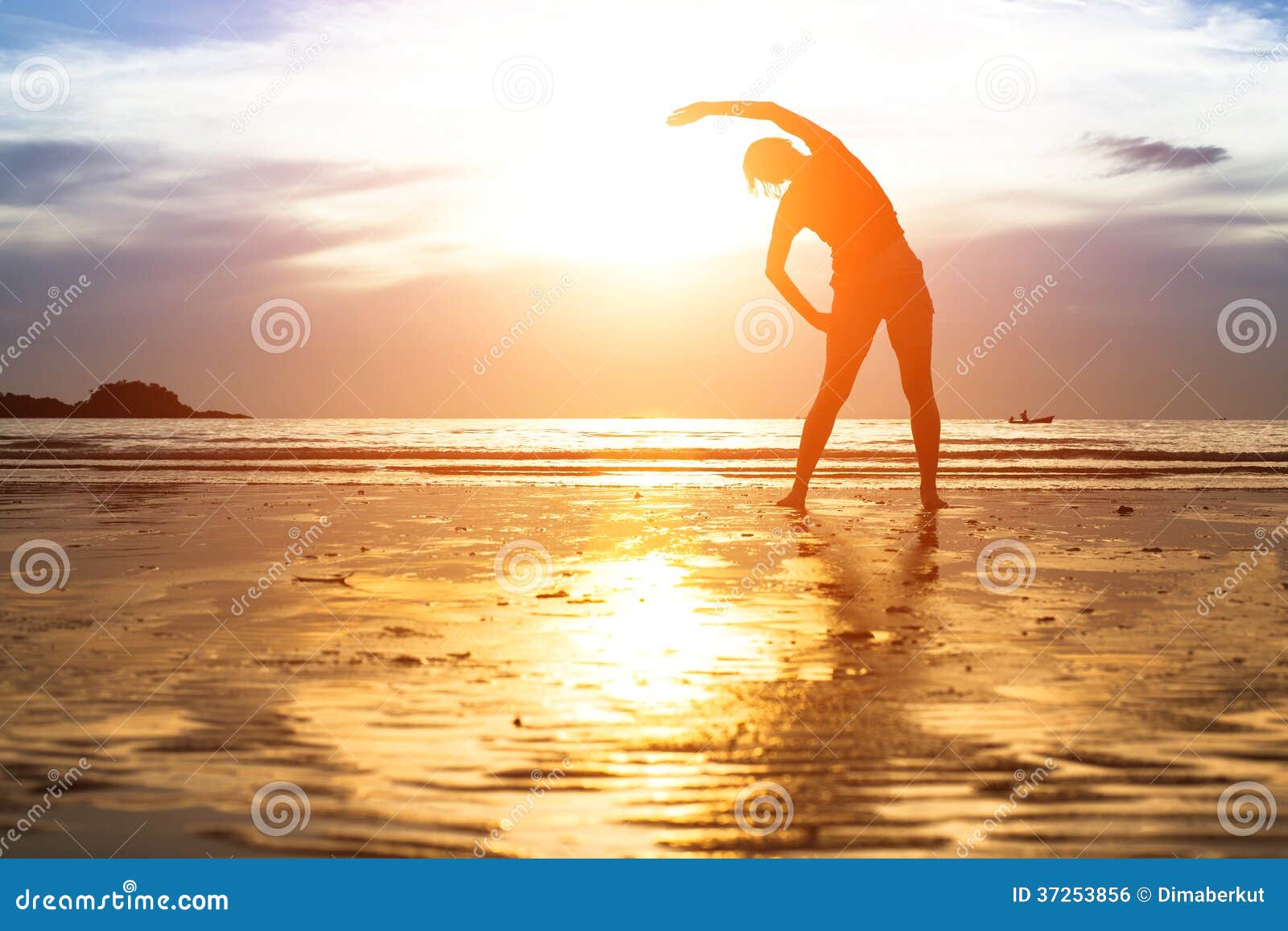 Woman Silhouette Exercise on the Beach at Sunset. Stock Photo - Image ...