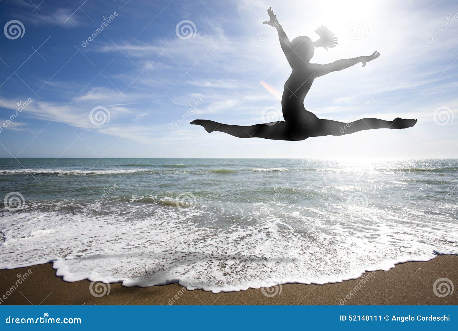Woman Silhouette Jumping Behind the Sea. Sun and Beach. Stock Image ...