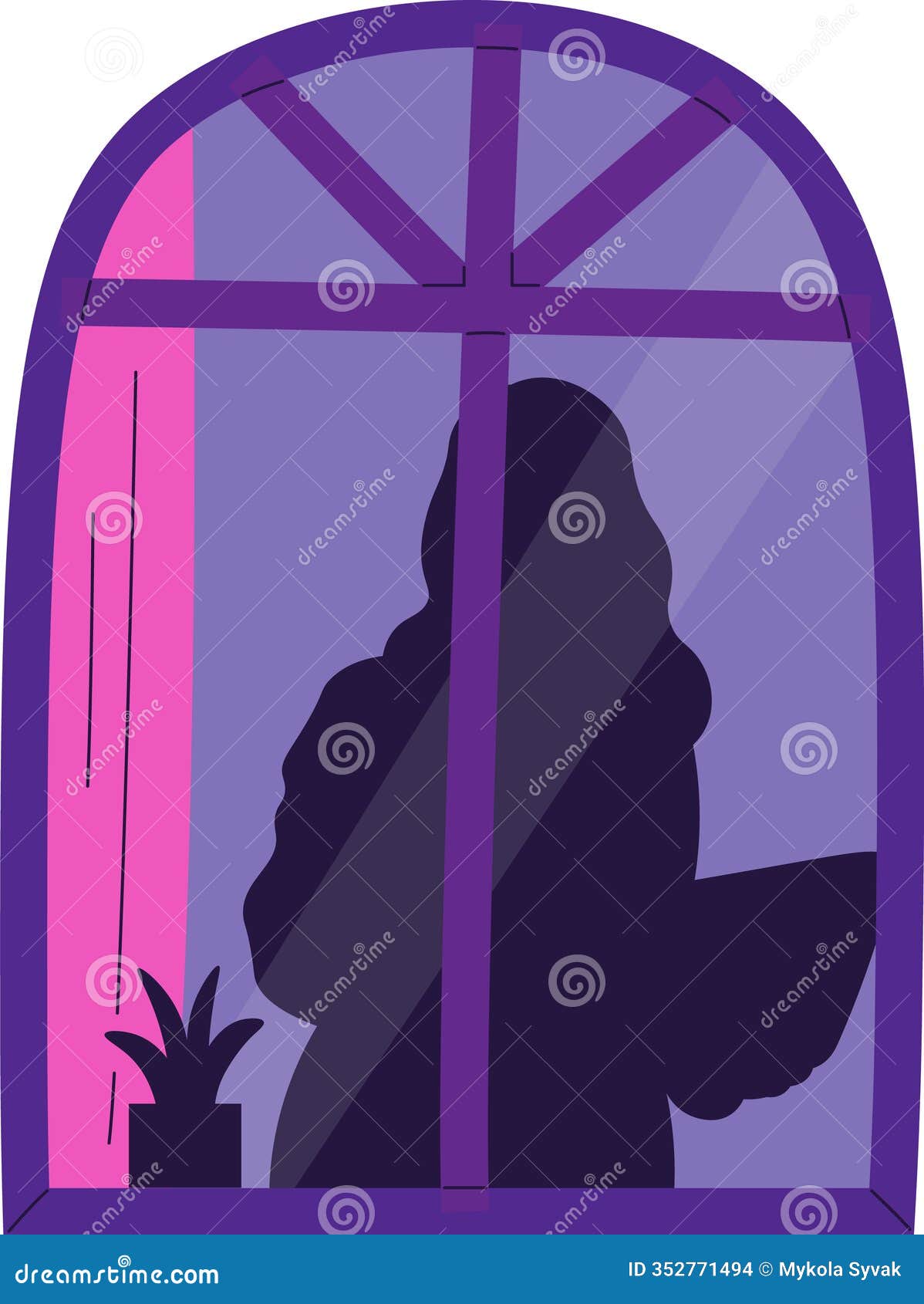 Woman Silhouette in Night Window Stock Illustration - Illustration of ...