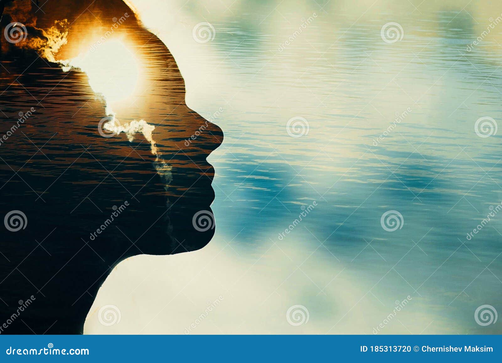 Woman Silhouette with Sun in Head with Copy Space. Multiple Exposure ...
