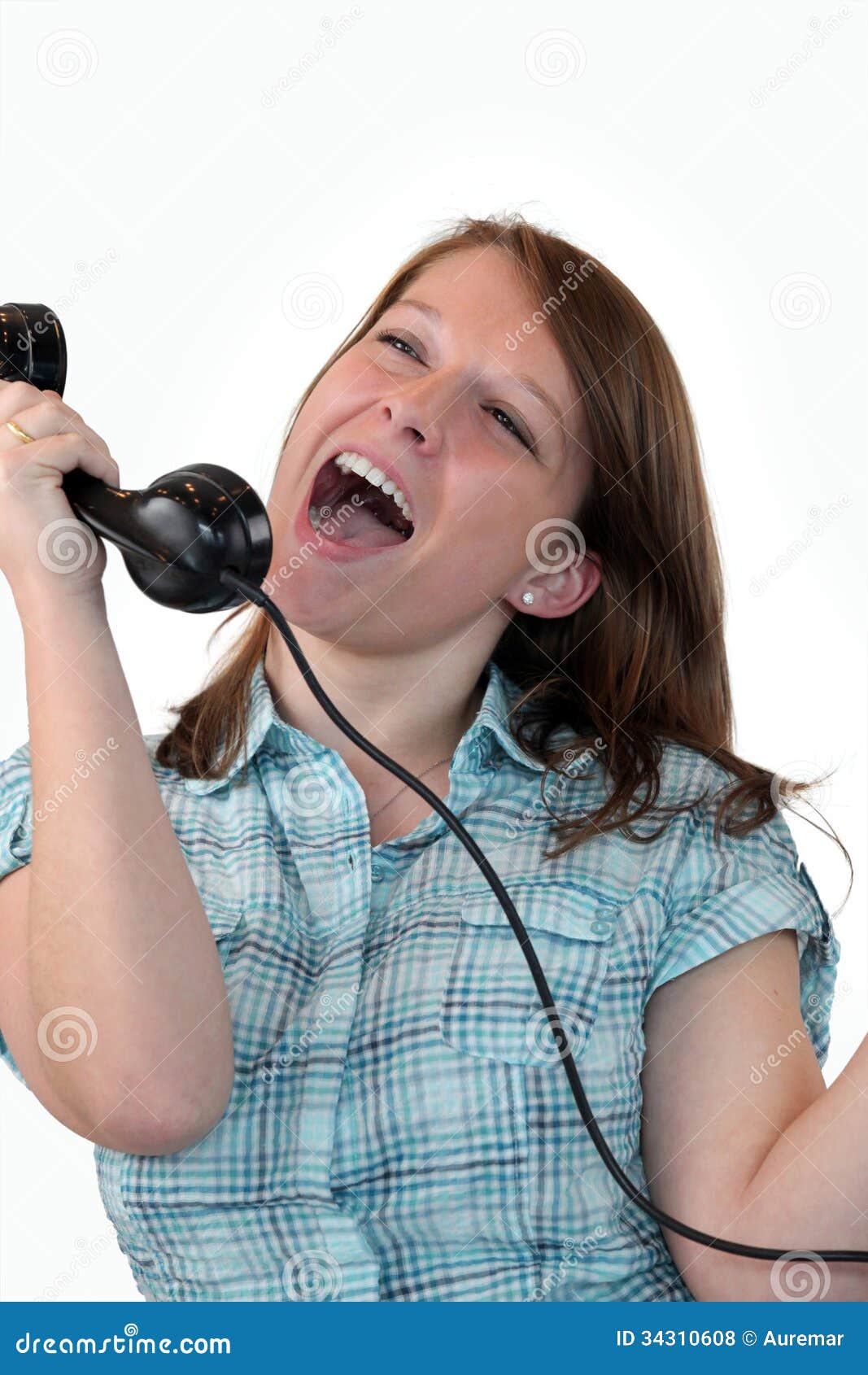 Woman singing down phone stock photo. Image of hand, singing - 34310608