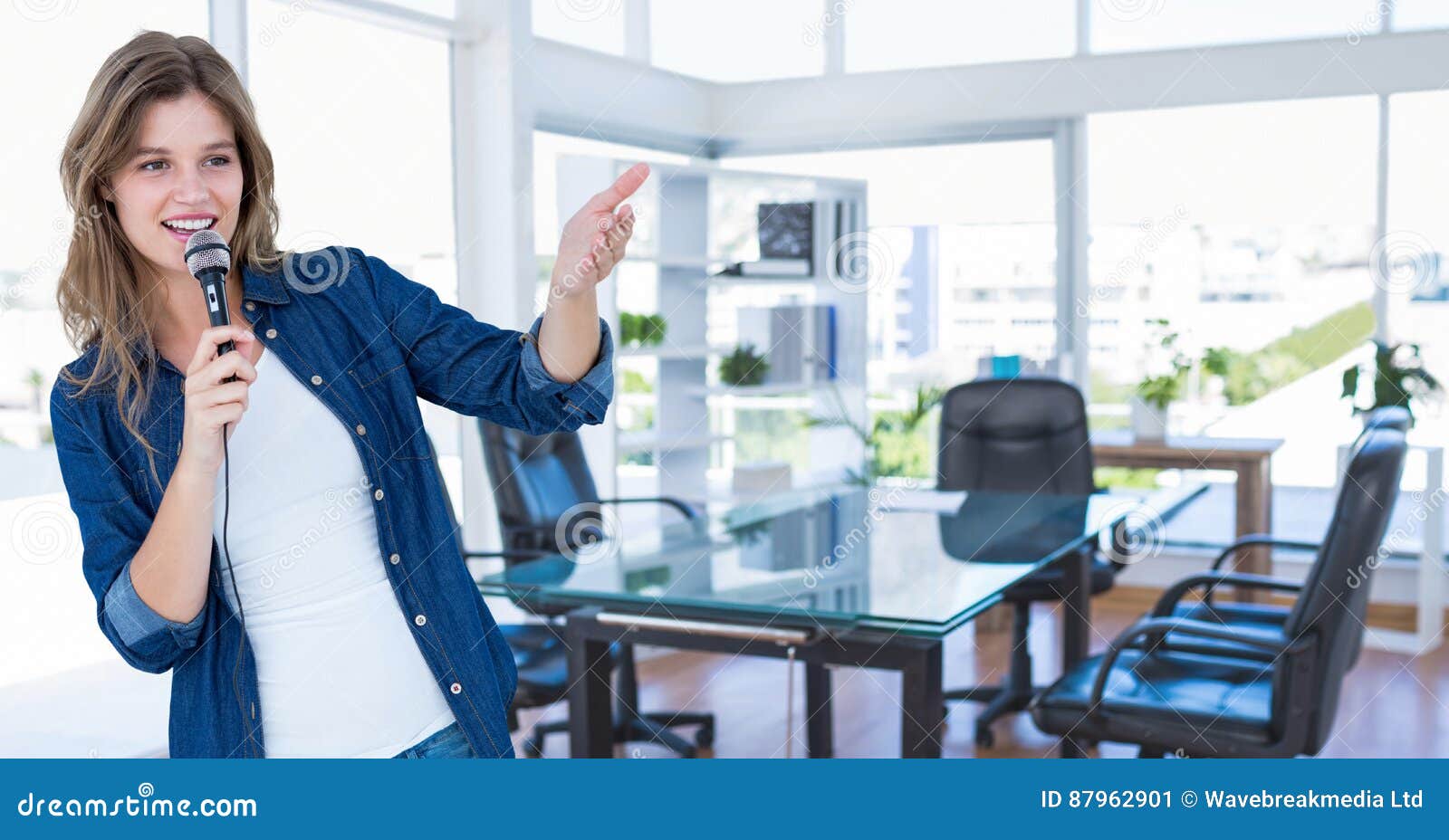 Woman Singing and Gesturing in Office Stock Image - Image of enjoying ...