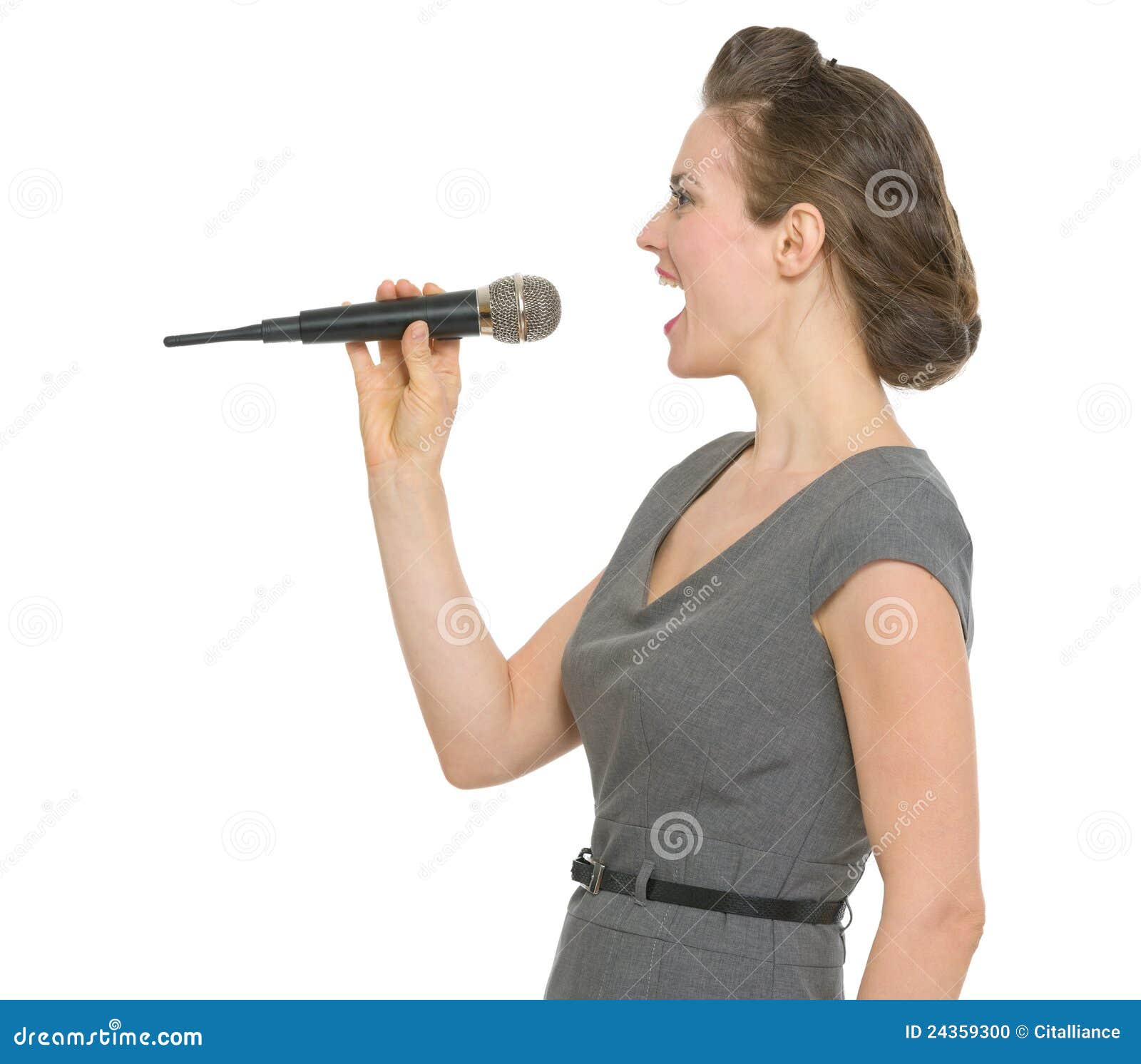 Woman Singing in Microphone Isolated Stock Photo - Image of employee ...