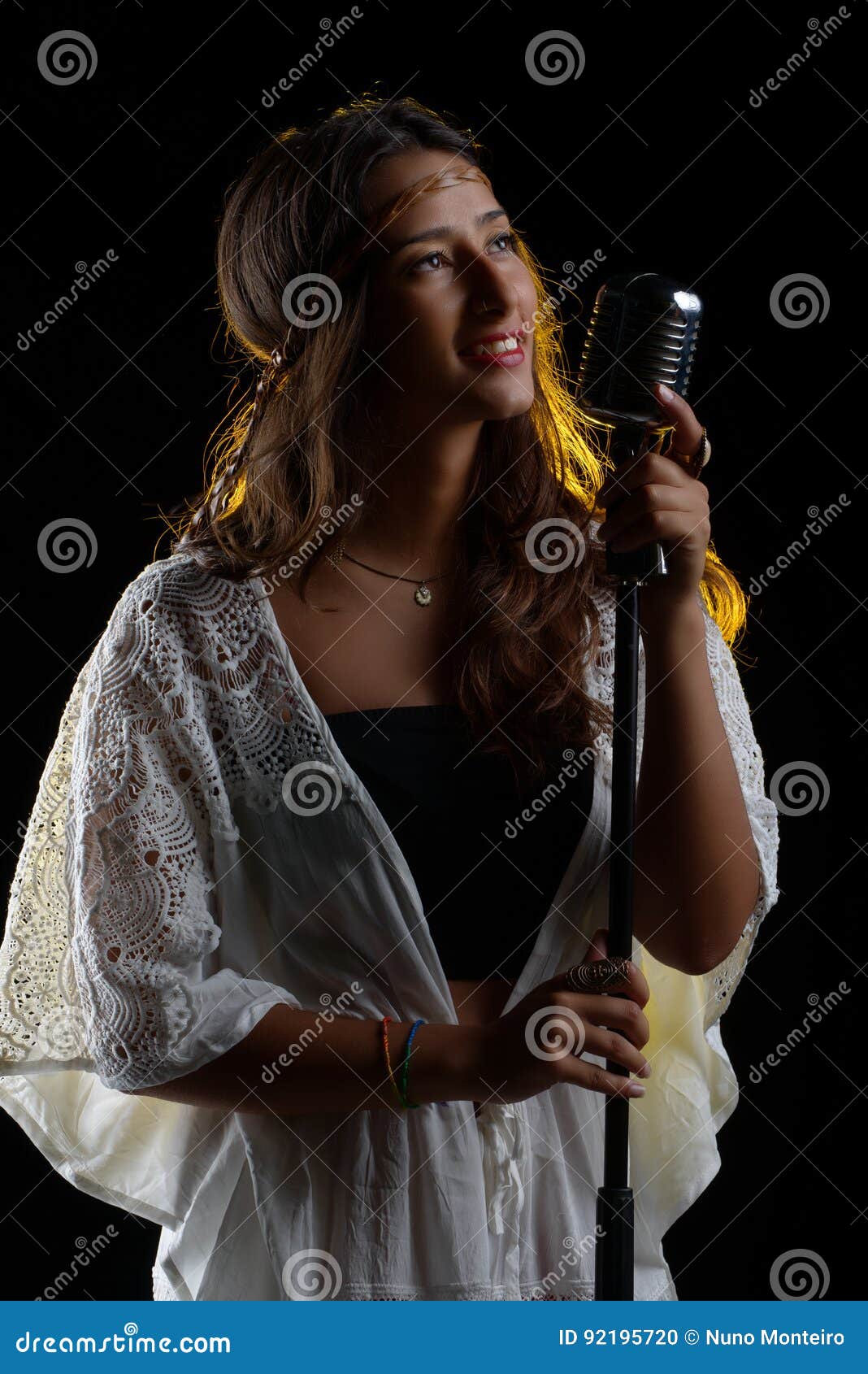 Woman Singing Studio Portrait Stock Photo - Image of girl, micro: 92195720