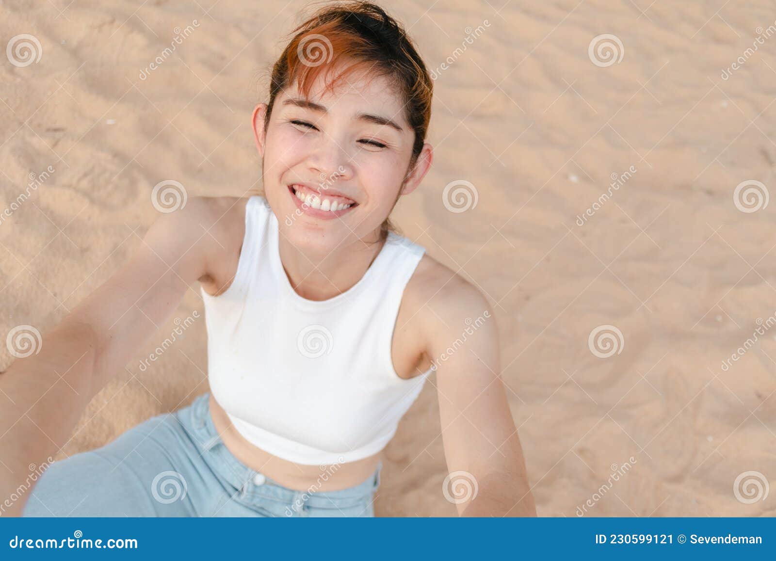 Woman Sit on the Beach in Summer Time. Stock Image - Image of ...