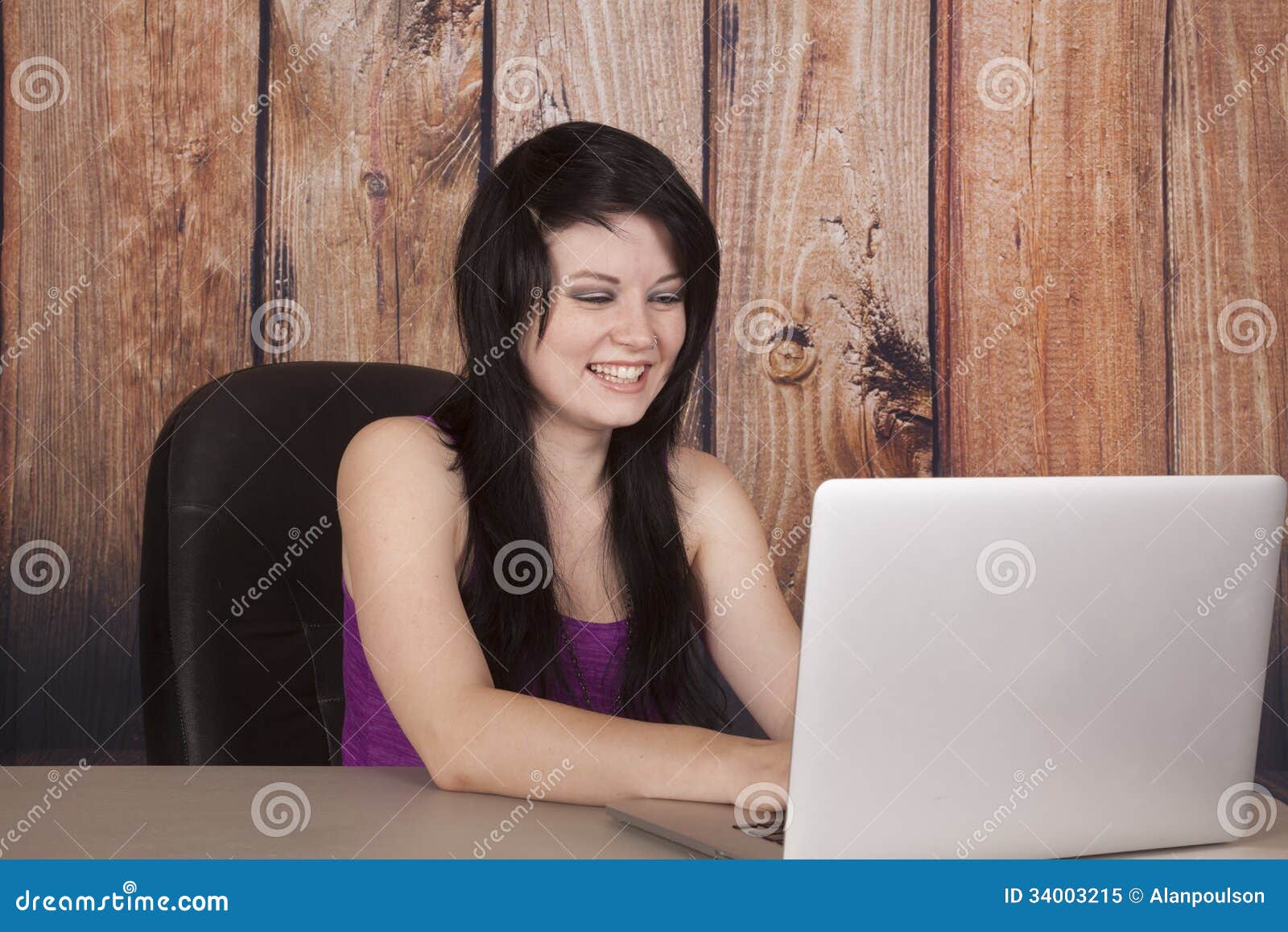 Woman Sit in Office Nose Ring Computer Smile Stock Image - Image of ...