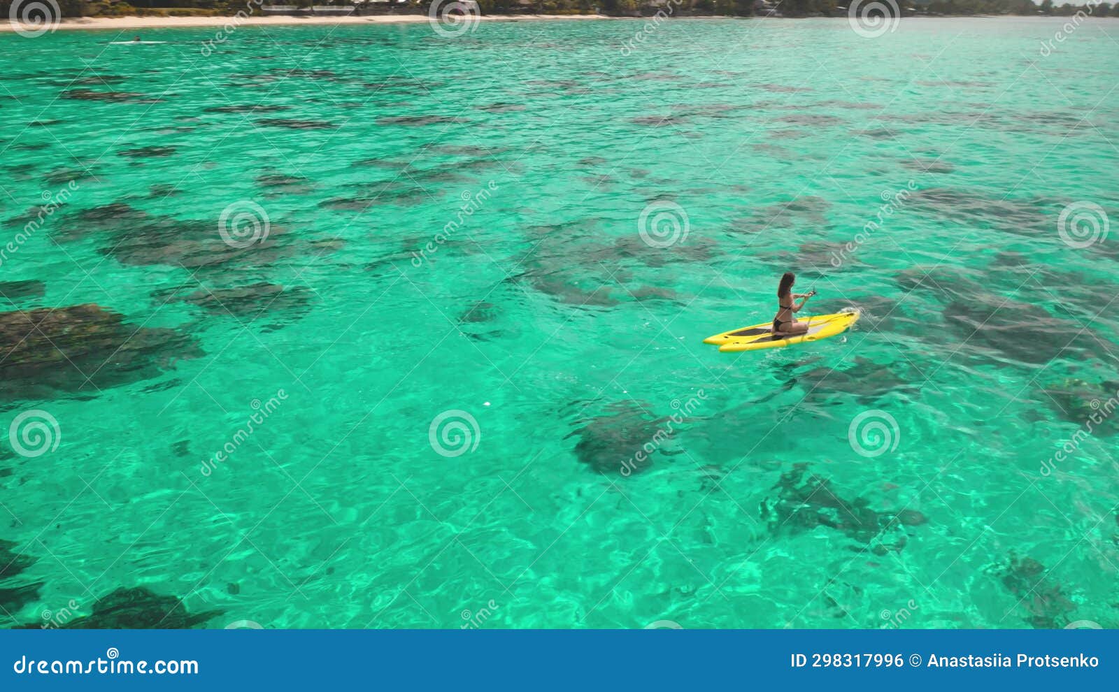 Woman Sit on Yellow Sup Board Rowing Crystal Water Stock Footage ...