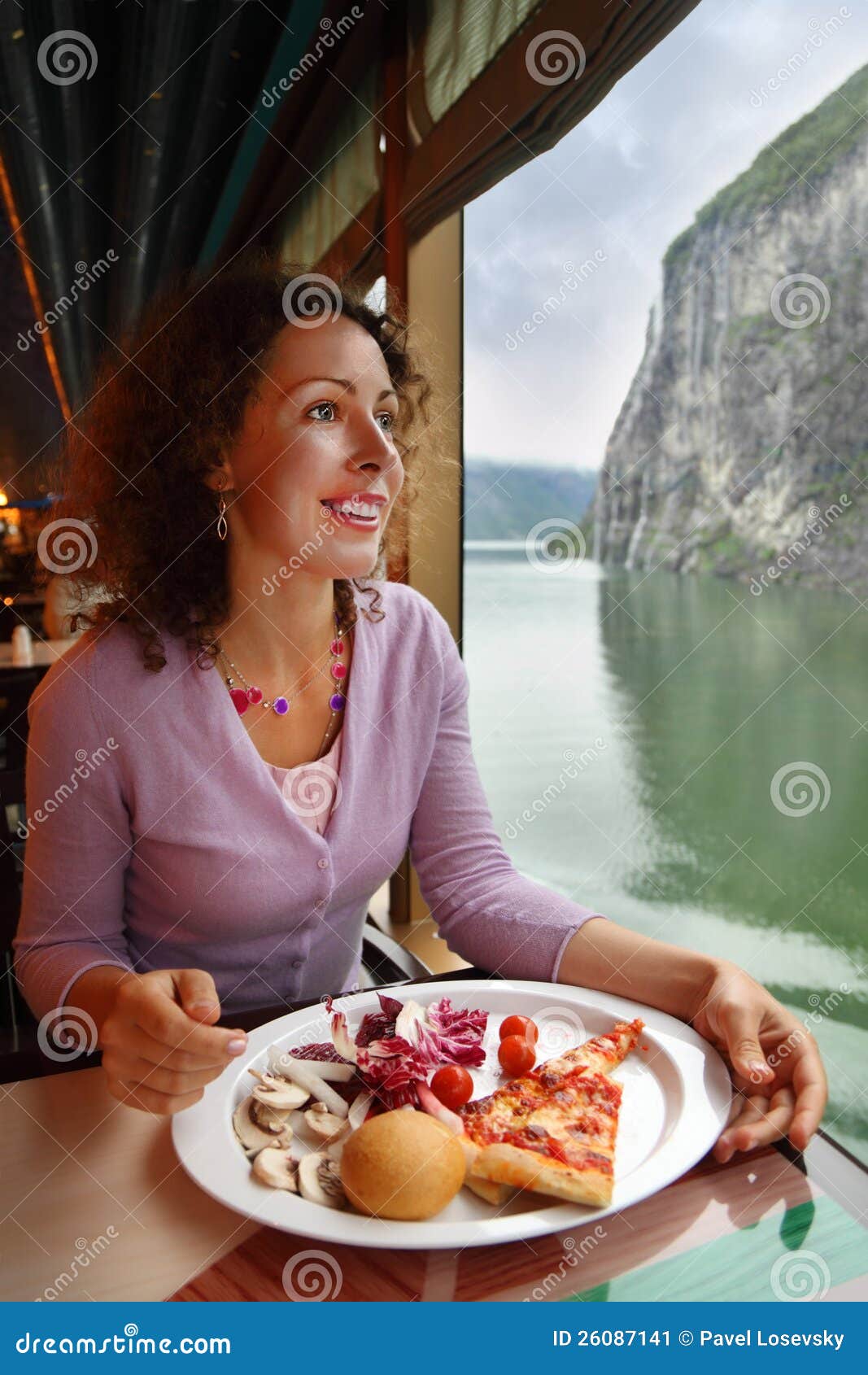 Woman Sits and Eats in Front of Window at Liner Stock Image - Image of ...