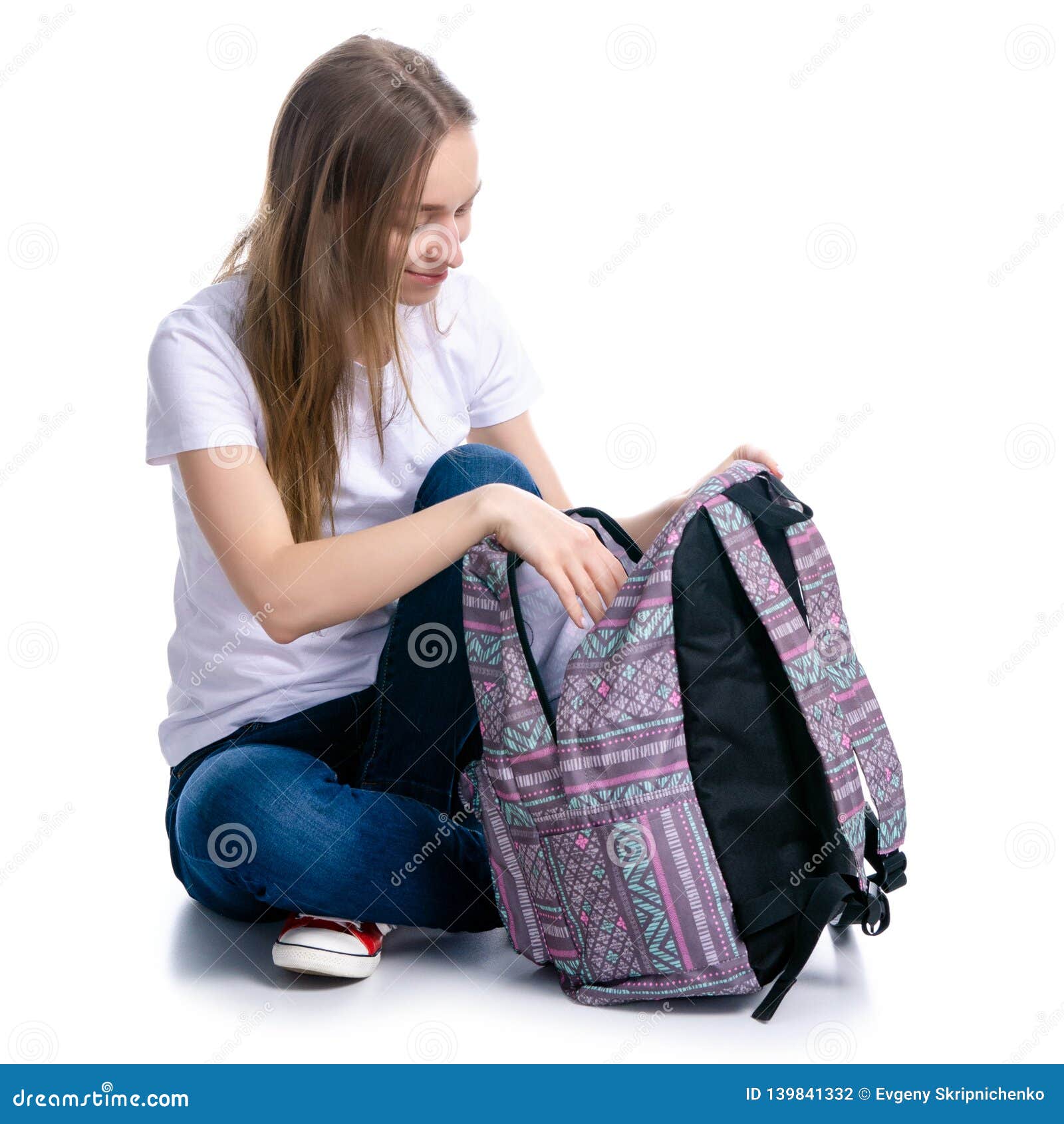 Woman Sitting with Backpack Stock Photo - Image of portrait, girl ...