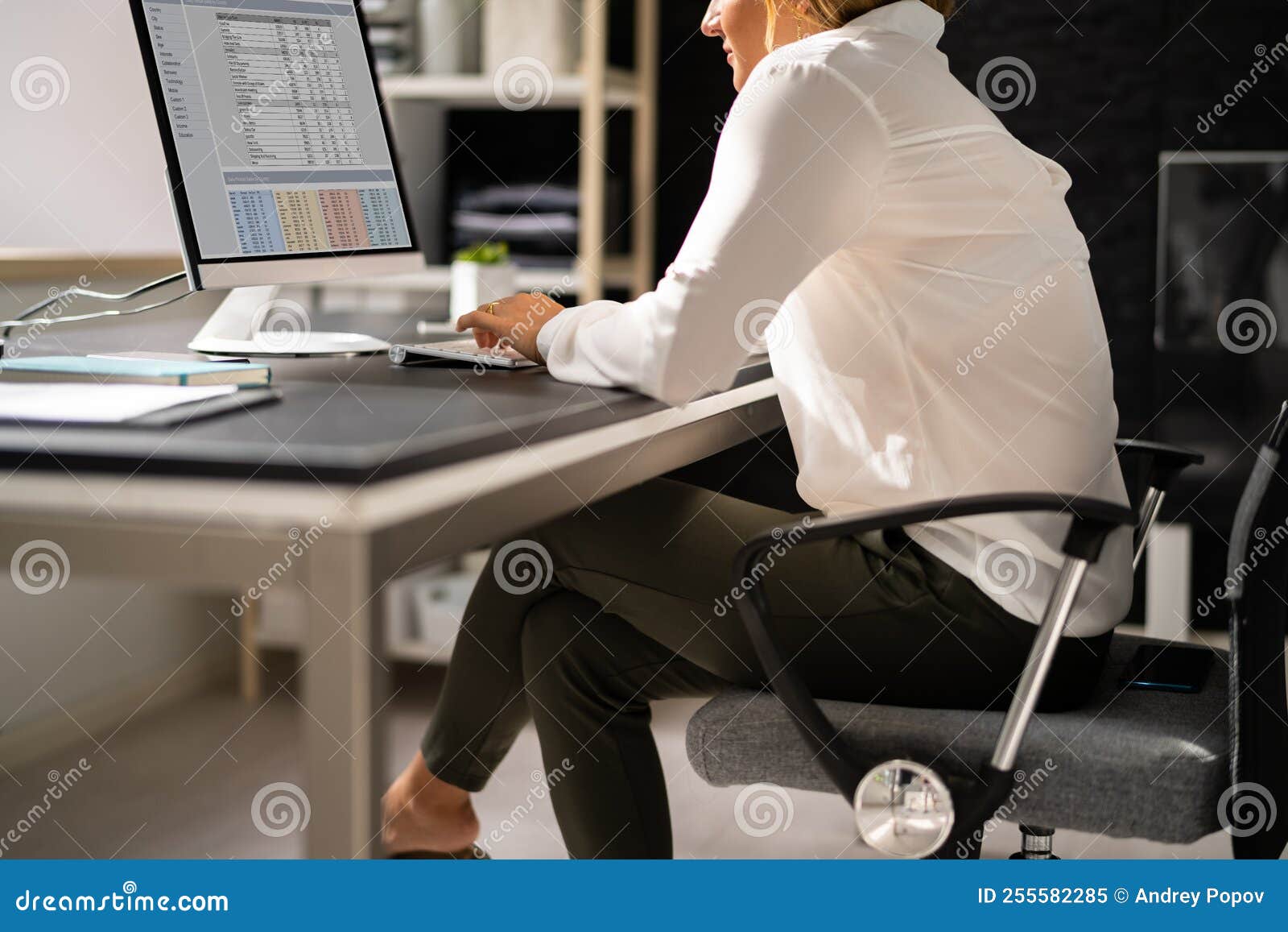 Woman Sitting in Bad Posture Working on Computer Stock Image - Image of ...