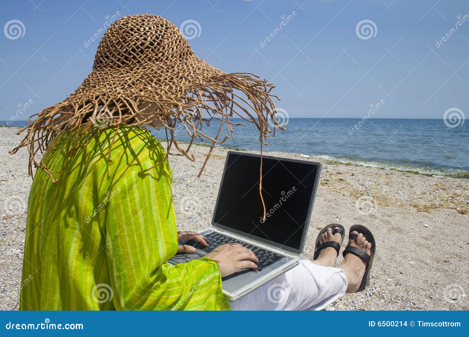 Woman Sitting on Beach with Laptop Stock Photo - Image of holiday ...