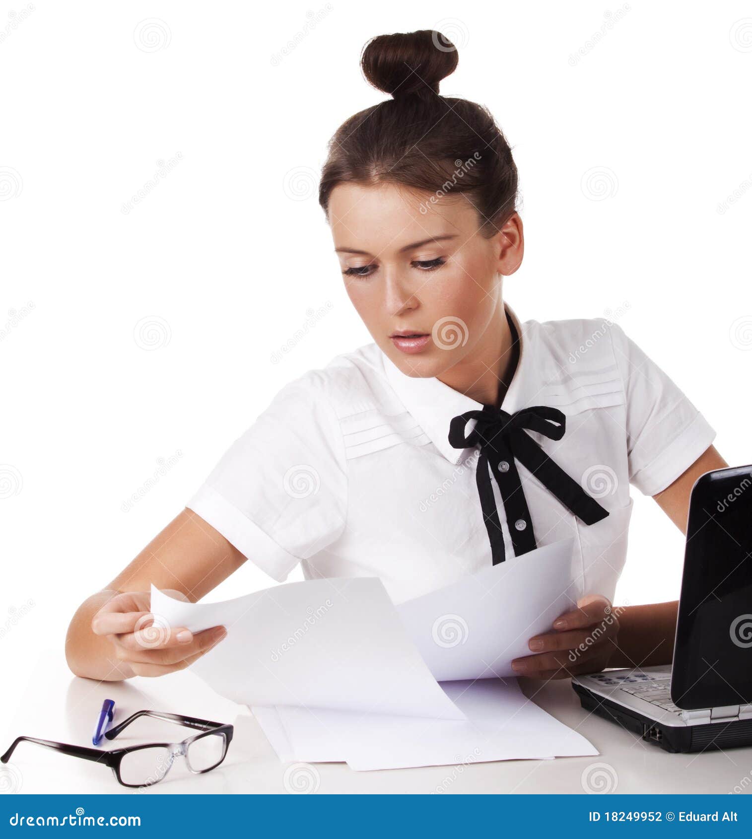 Woman Sitting Behind a Desk through the Documents Stock Photo - Image ...