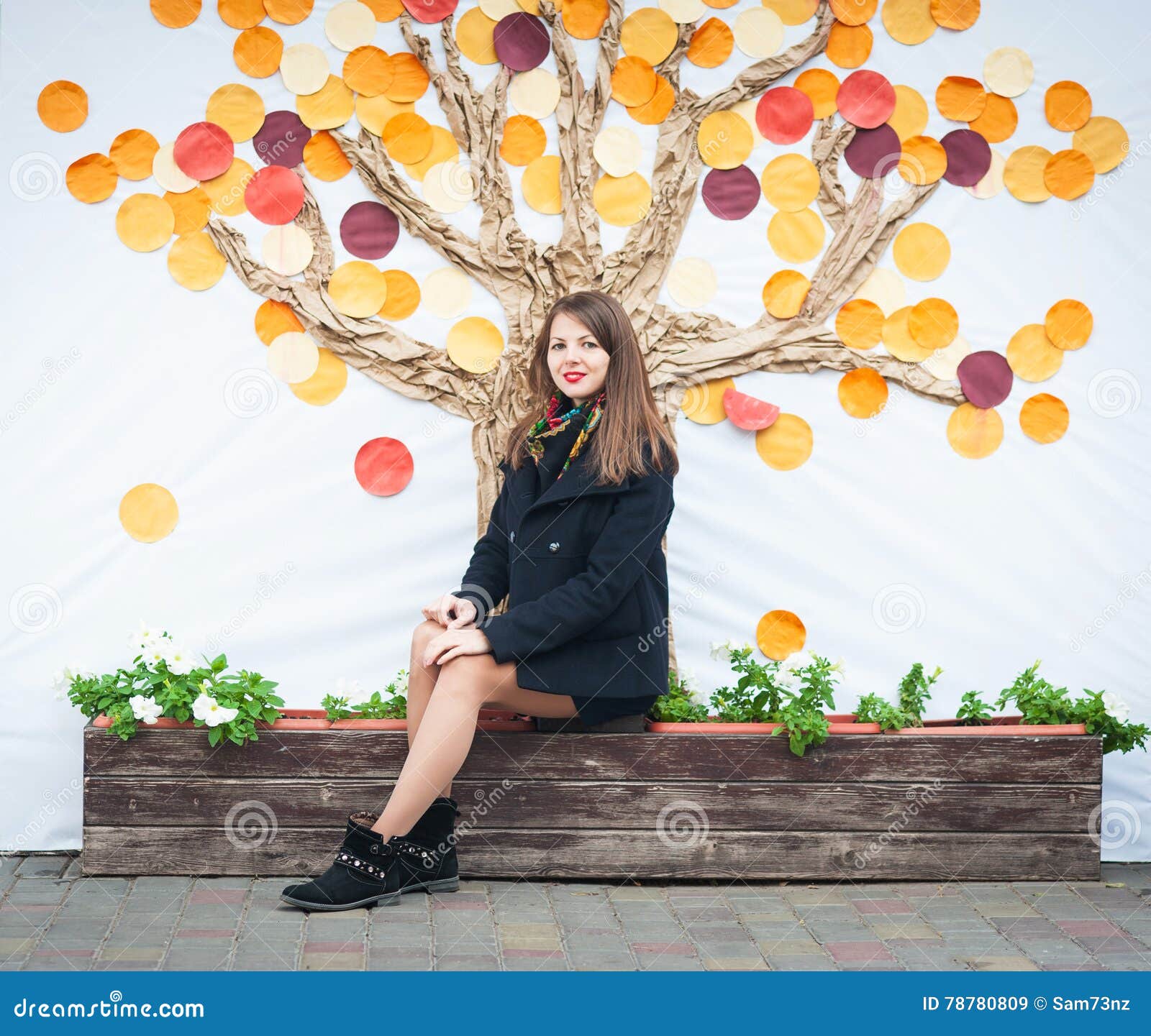 Woman Sitting on Bench, Autumn Tree Background Stock Image - Image of ...