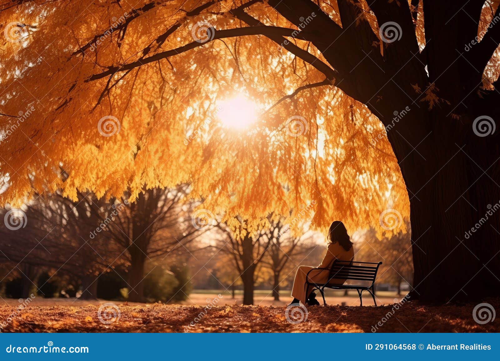 A Woman Sitting on a Bench Under an Autumn Tree Stock Illustration ...