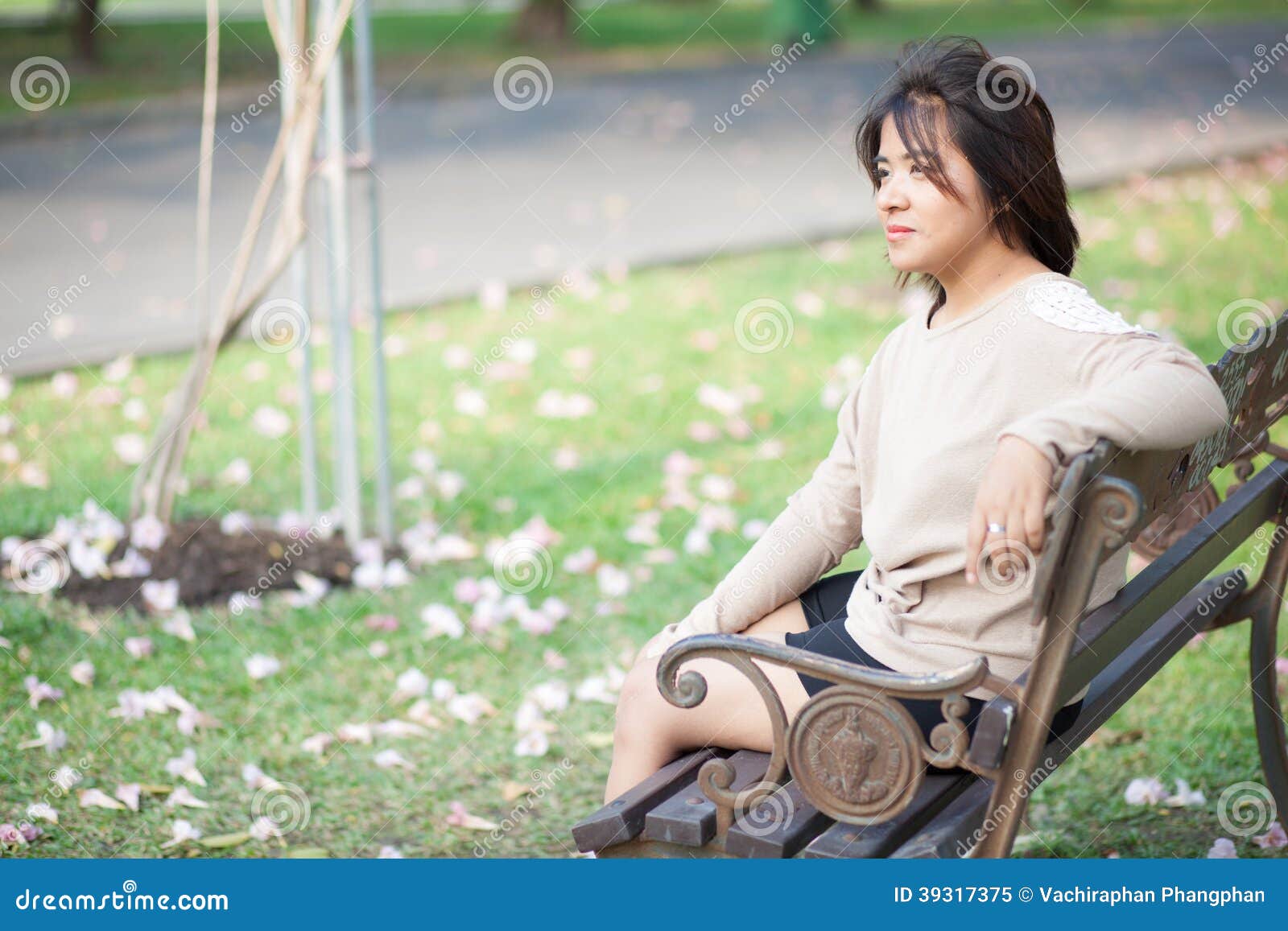 Woman sitting on bench stock image. Image of bench, happy - 39317375